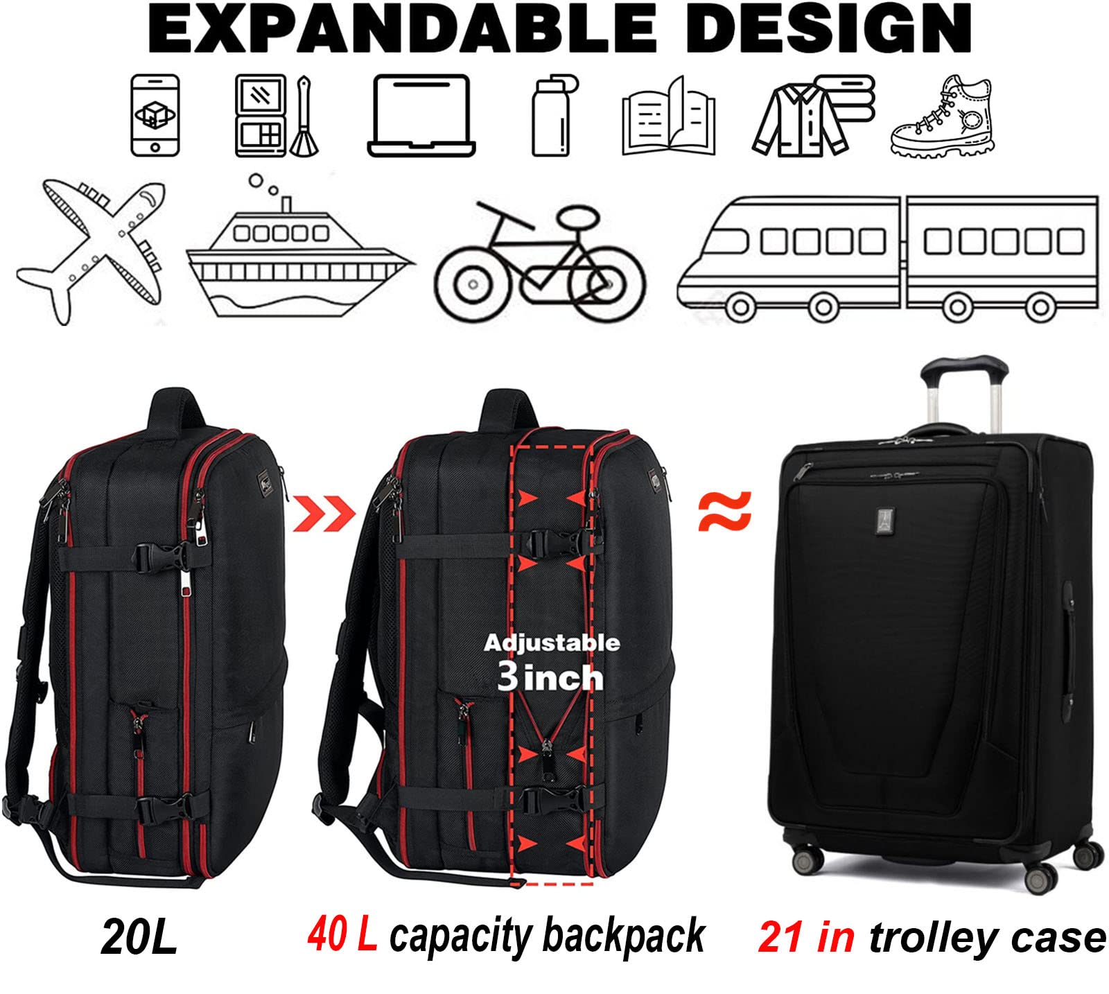Carry on Backpack, Airline Flight Approved Travel Backpack for Women Men, 40L Extra Large Expandable Water Resistant Luggage Backpack Lightweight Daypack Perfect Fit for 17 17.3 Inch Laptop, Black