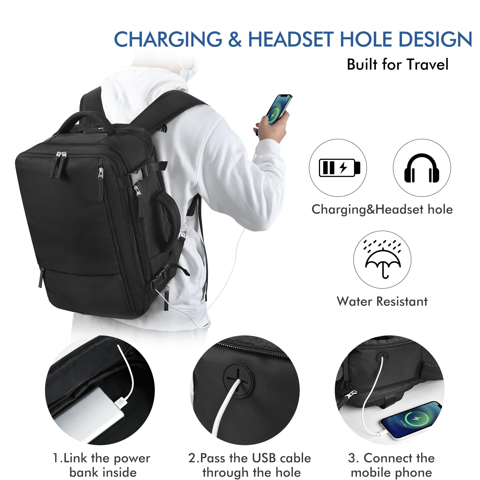 Travel Backpack for Men Women, Large Carry On Backpack Airline Approved,TSA 17.3 inch Laptop Backpack, Waterproof Backpack, College School Bag Casual Daypack for Weekender Business Hiking, Black