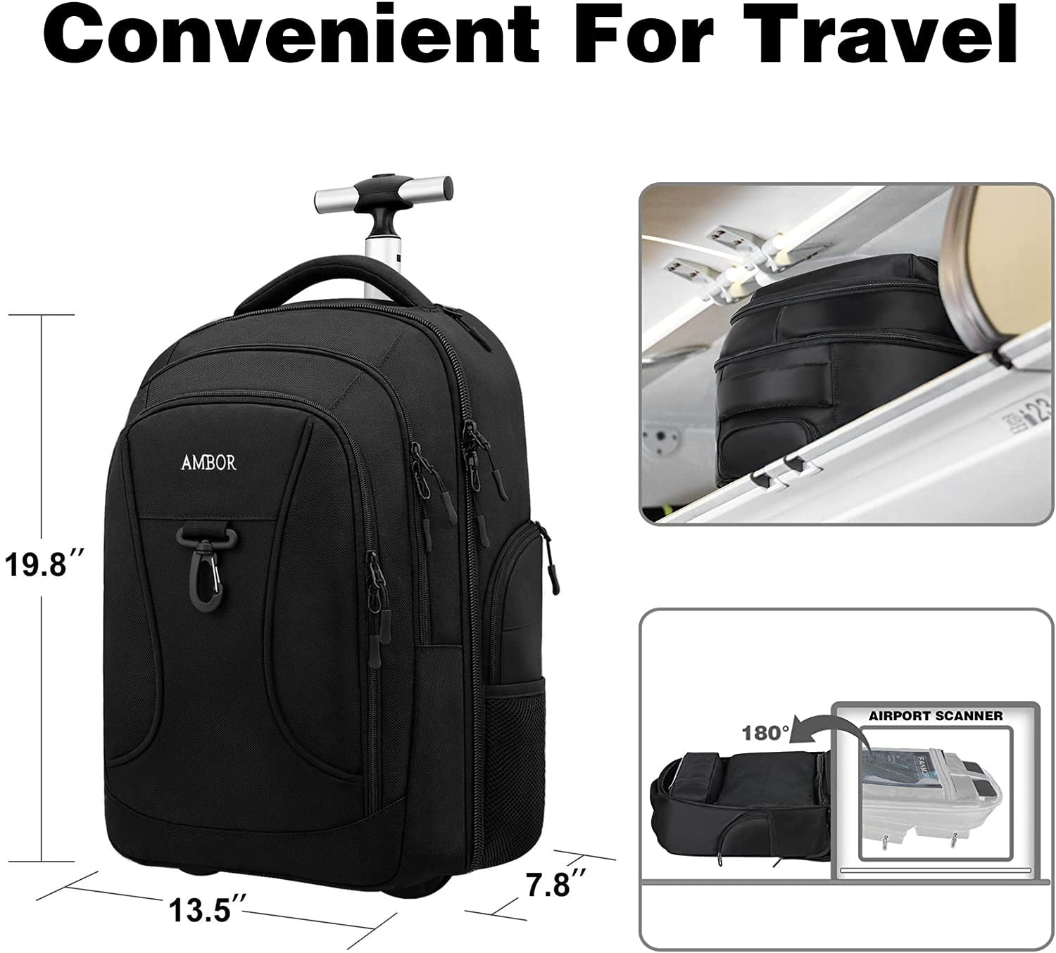 AMBOR Rolling Backpack, Waterproof Wheeled Backpack, Carry-on Trolley Luggage Suitcase Compact Business Backpack with Wheels, Student Rolling Laptop Bag Trolley Carry Luggage Fits 17 Inch - Black