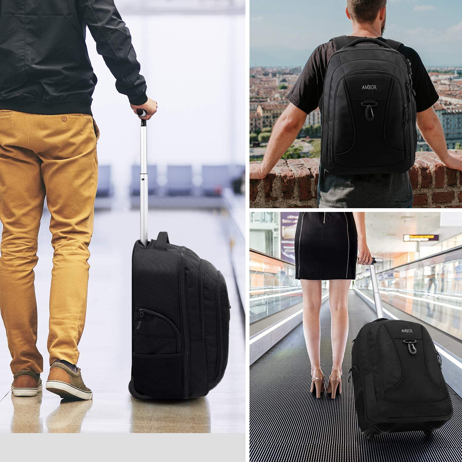 AMBOR Rolling Backpack, Waterproof Wheeled Backpack, Carry-on Trolley Luggage Suitcase Compact Business Backpack with Wheels, Student Rolling Laptop Bag Trolley Carry Luggage Fits 17 Inch - Black