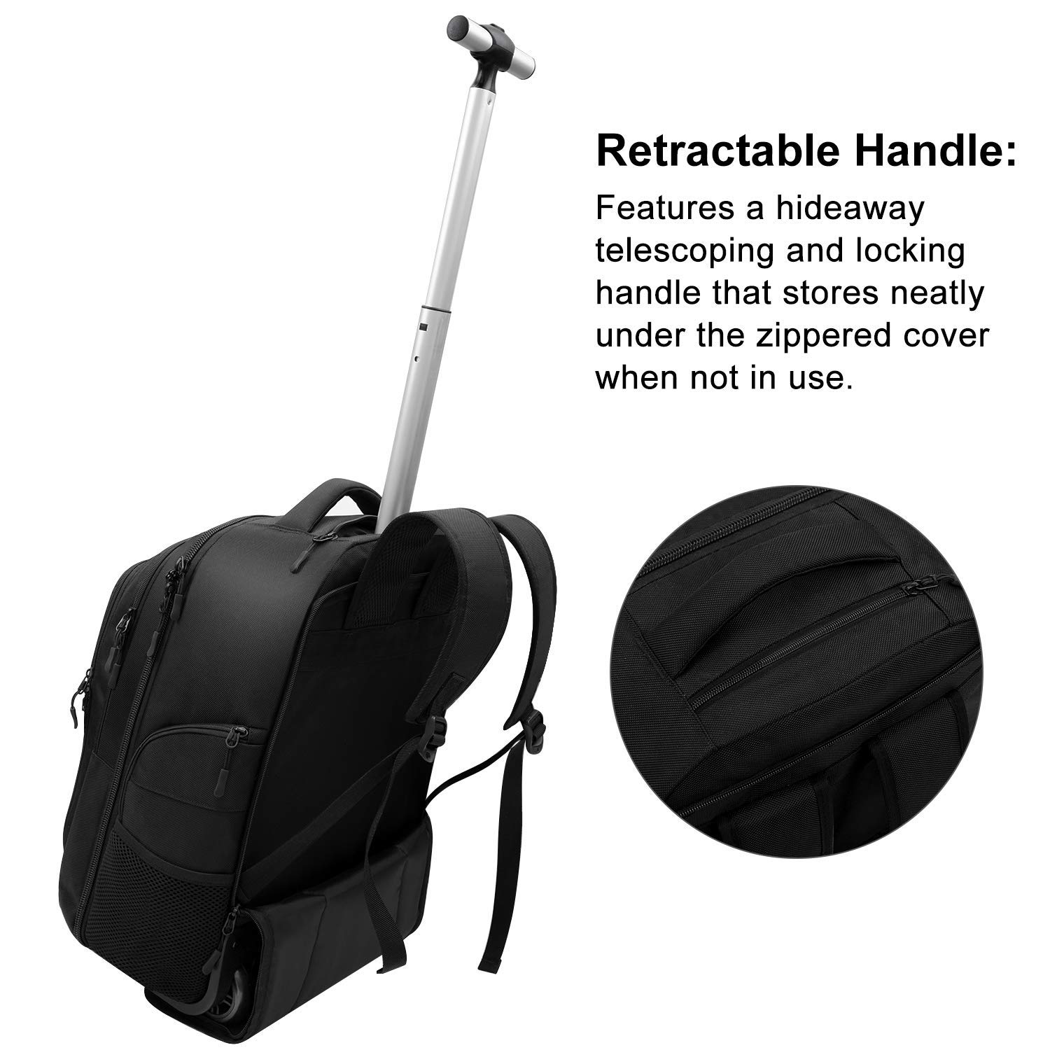 AMBOR Rolling Backpack, Waterproof Wheeled Backpack, Carry-on Trolley Luggage Suitcase Compact Business Backpack with Wheels, Student Rolling Laptop Bag Trolley Carry Luggage Fits 17 Inch - Black