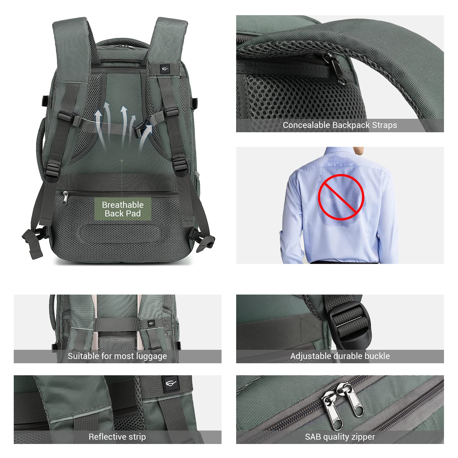 MOLNIA Travel Backpack for Men, 47L Carry On Backpack, 17.3inch Laptop Backpack Flight Approved, with 3 Packing Cubes & 1 Shoe Bag, Expandable Business Suitcase, Weekender Duffel Bag, Grey-green