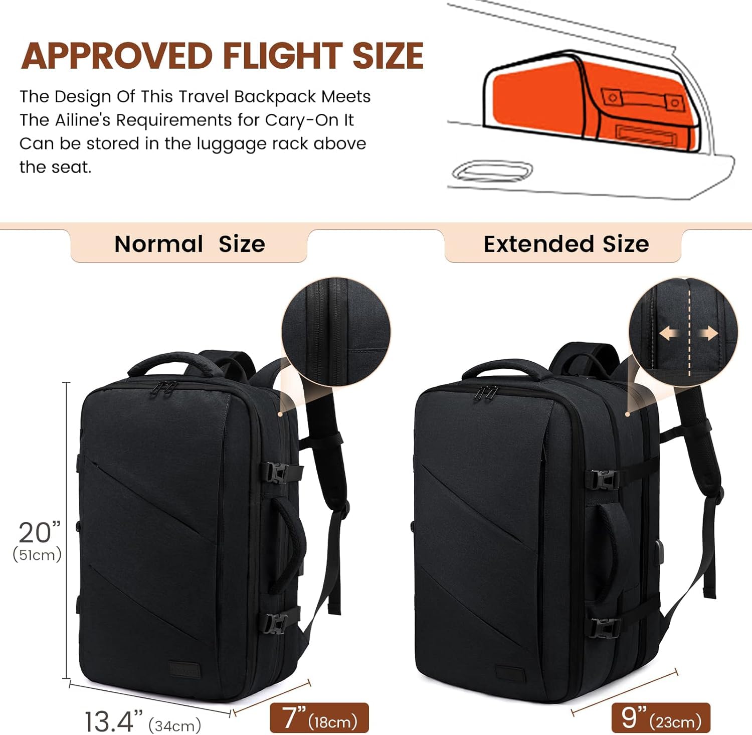 LOVEVOOK Carry on Backpack, Expandable 30-40L Travel Backpack Airline Approved, Waterproof Anti-Theft Backpack for Travel,17 Inch Laptop Backpack with USB Port for Men & Women, Black