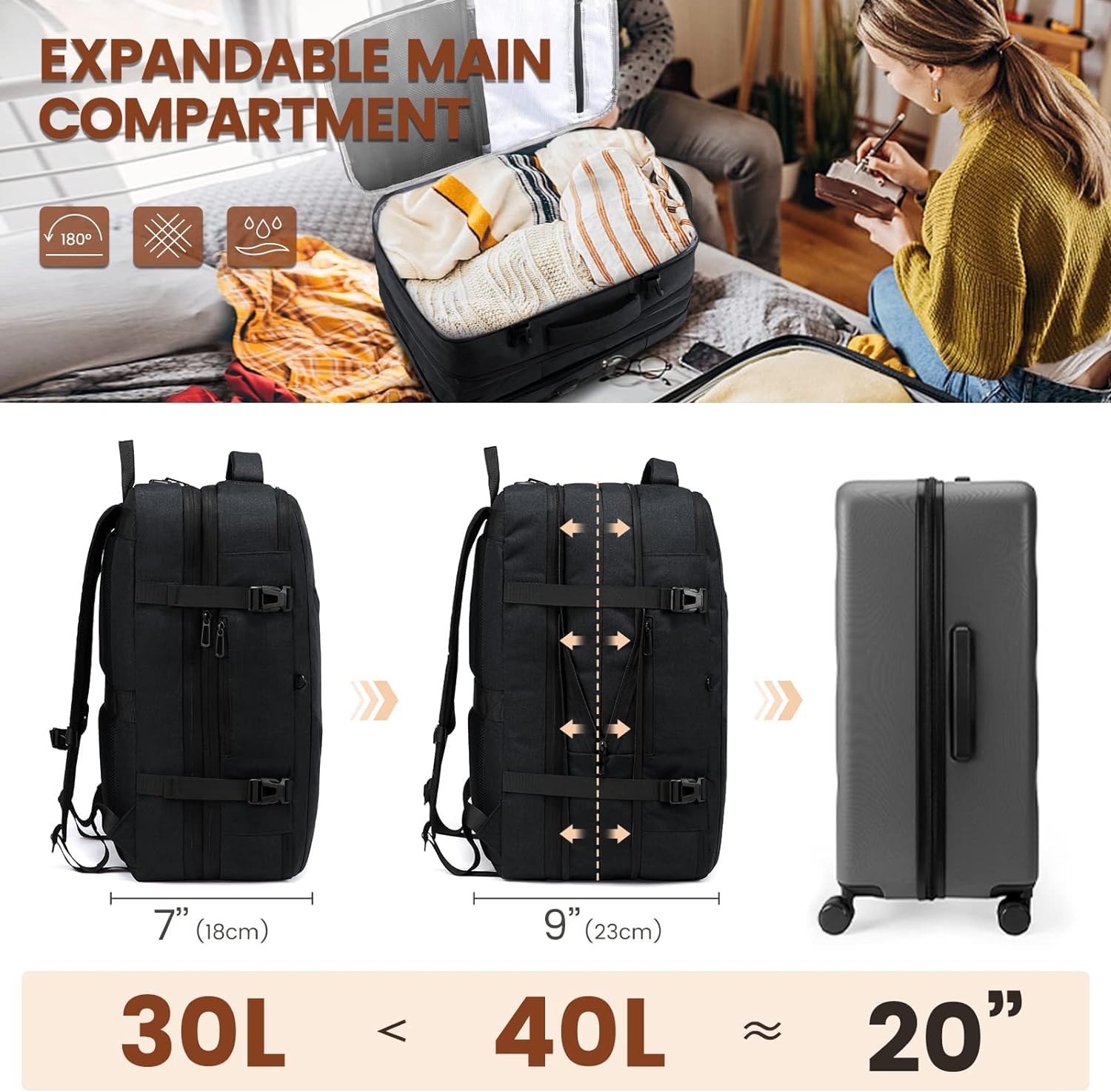 LOVEVOOK Carry on Backpack, Expandable 30-40L Travel Backpack Airline Approved, Waterproof Anti-Theft Backpack for Travel,17 Inch Laptop Backpack with USB Port for Men & Women, Black
