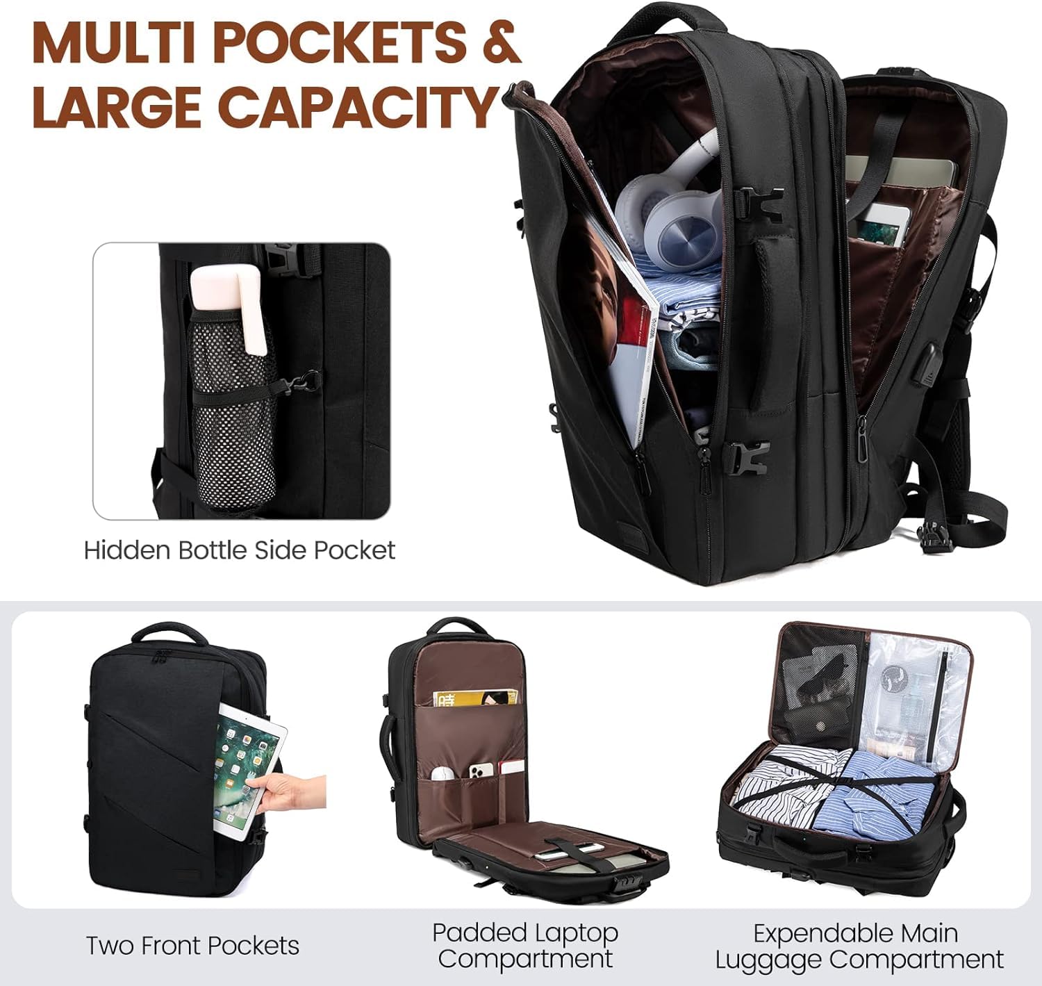 LOVEVOOK Carry on Backpack, Expandable 30-40L Travel Backpack Airline Approved, Waterproof Anti-Theft Backpack for Travel,17 Inch Laptop Backpack with USB Port for Men & Women, Black