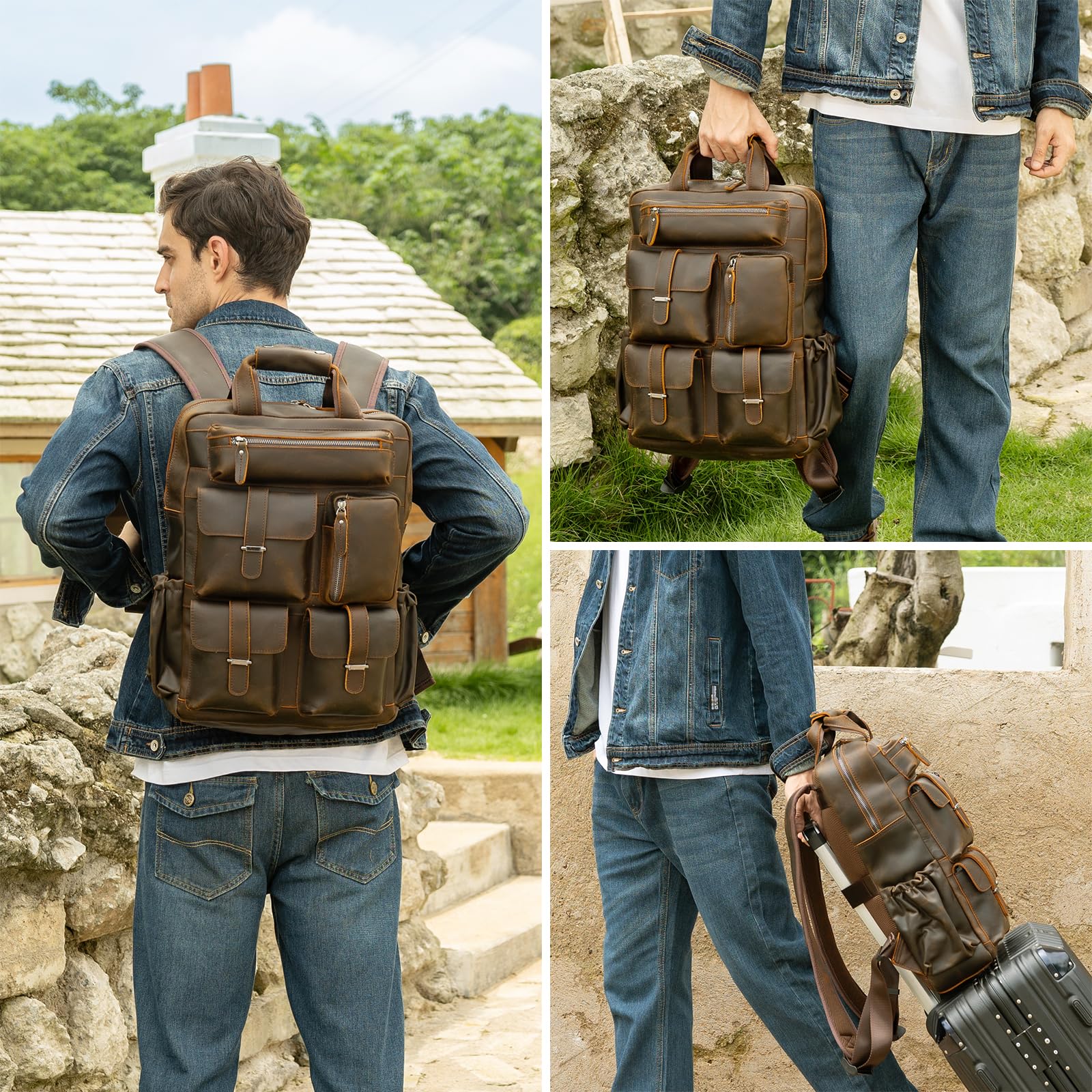 Masa Kawa Genuine Leather Backpack for Men Vintage 15.6 Inch Laptop Bag Multi Pockets Rucksack Casual Travel Daypack Brown