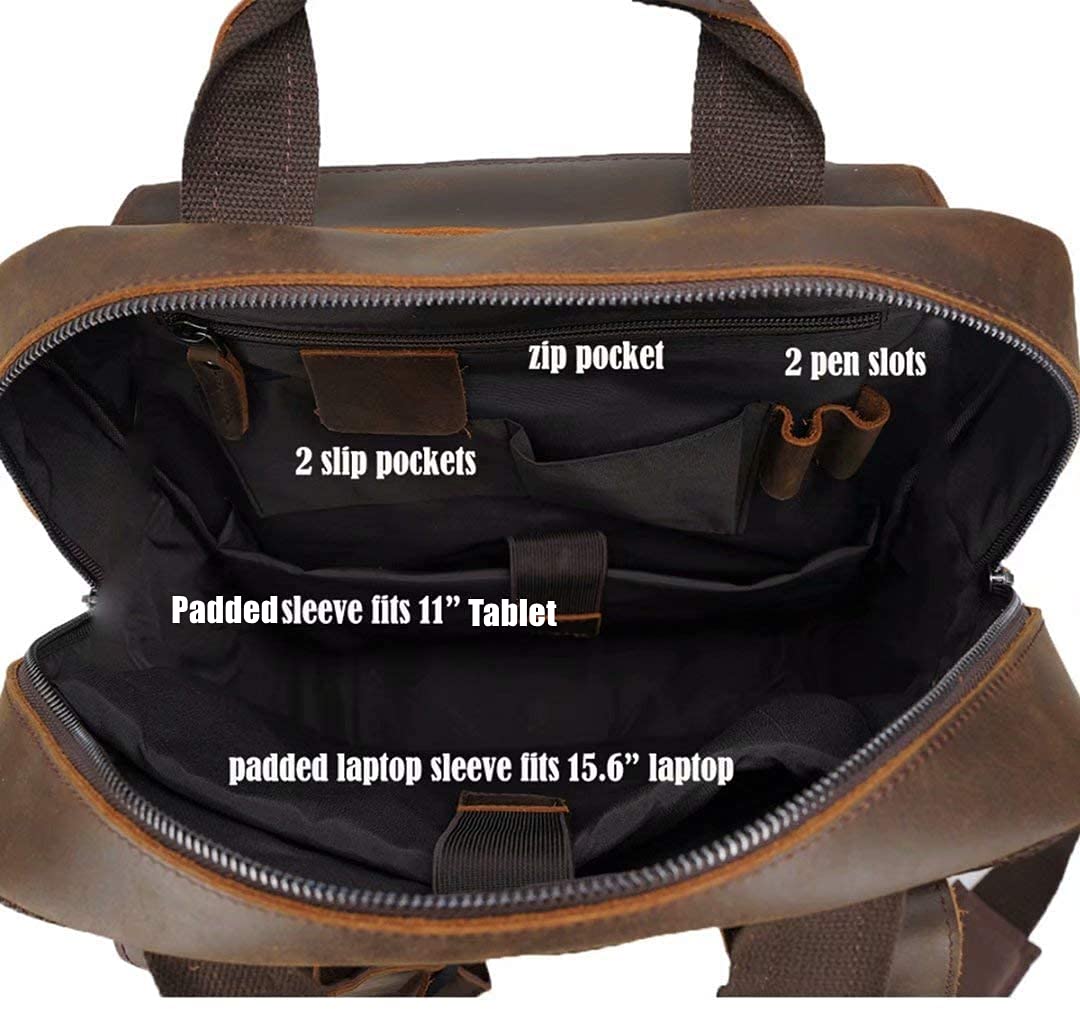 Masa Kawa Genuine Leather Backpack for Men Vintage 15.6 Inch Laptop Bag Multi Pockets Rucksack Casual Travel Daypack Brown