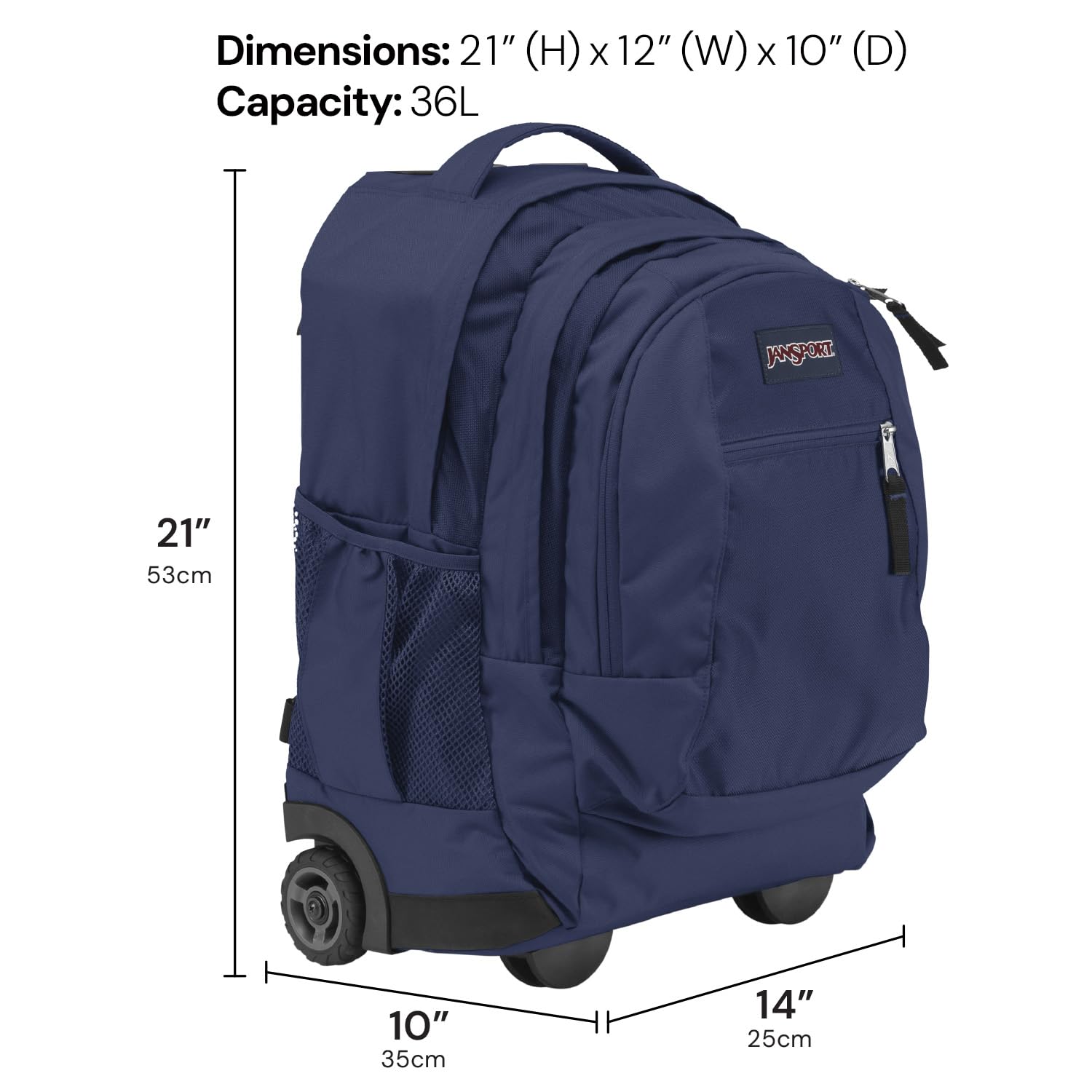 JanSport Driver 8 Rolling Backpack and Computer Bag for College Students, Teens, Navy - Durable Laptop Backpack with Wheels, Tuckaway Straps, 15-inch Laptop Sleeve - Premium Bookbag Rucksack