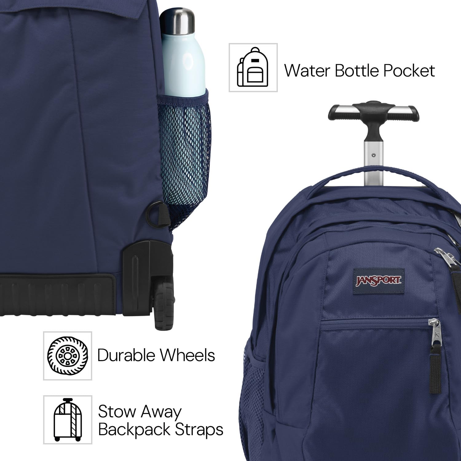 JanSport Driver 8 Rolling Backpack and Computer Bag for College Students, Teens, Navy - Durable Laptop Backpack with Wheels, Tuckaway Straps, 15-inch Laptop Sleeve - Premium Bookbag Rucksack