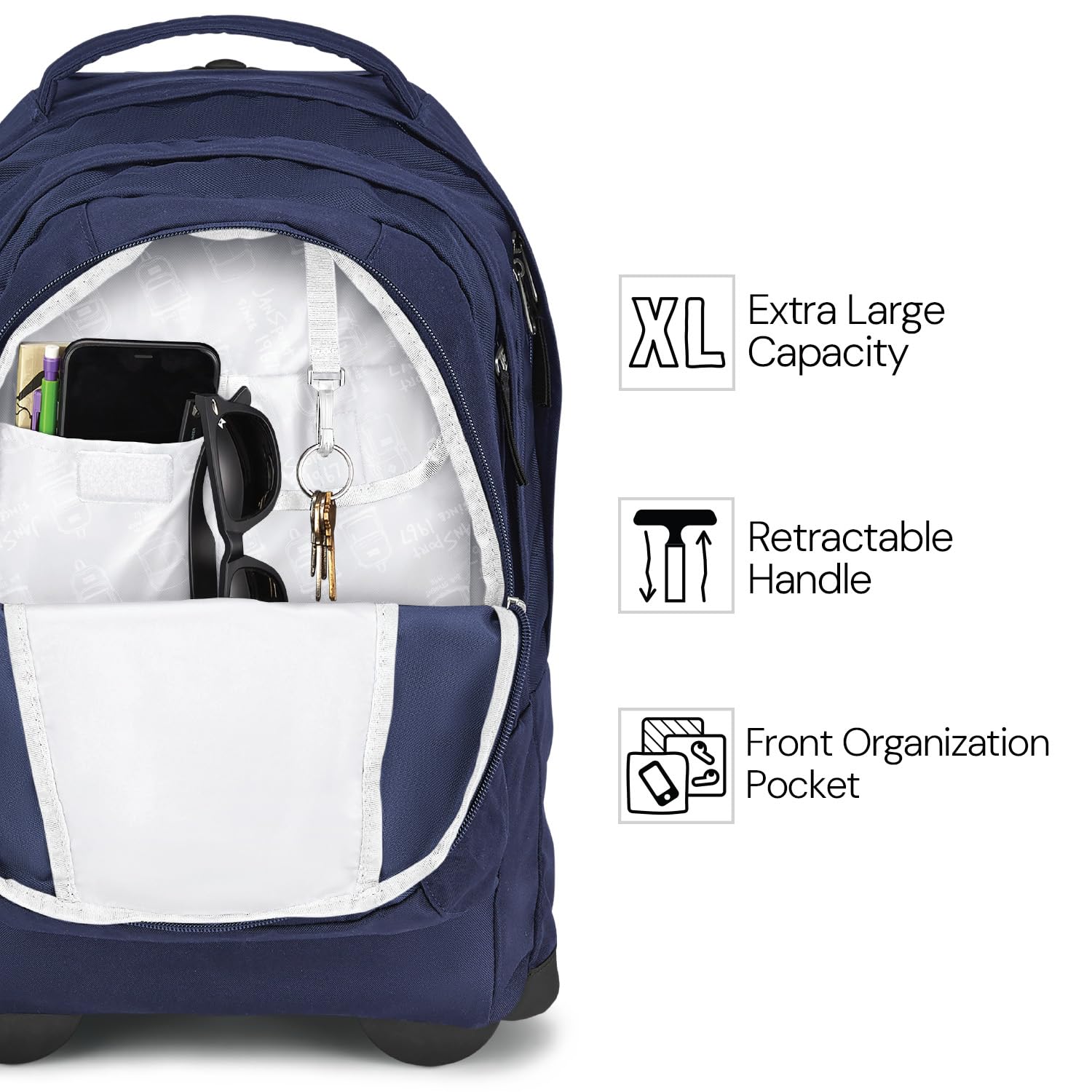 JanSport Driver 8 Rolling Backpack and Computer Bag for College Students, Teens, Navy - Durable Laptop Backpack with Wheels, Tuckaway Straps, 15-inch Laptop Sleeve - Premium Bookbag Rucksack