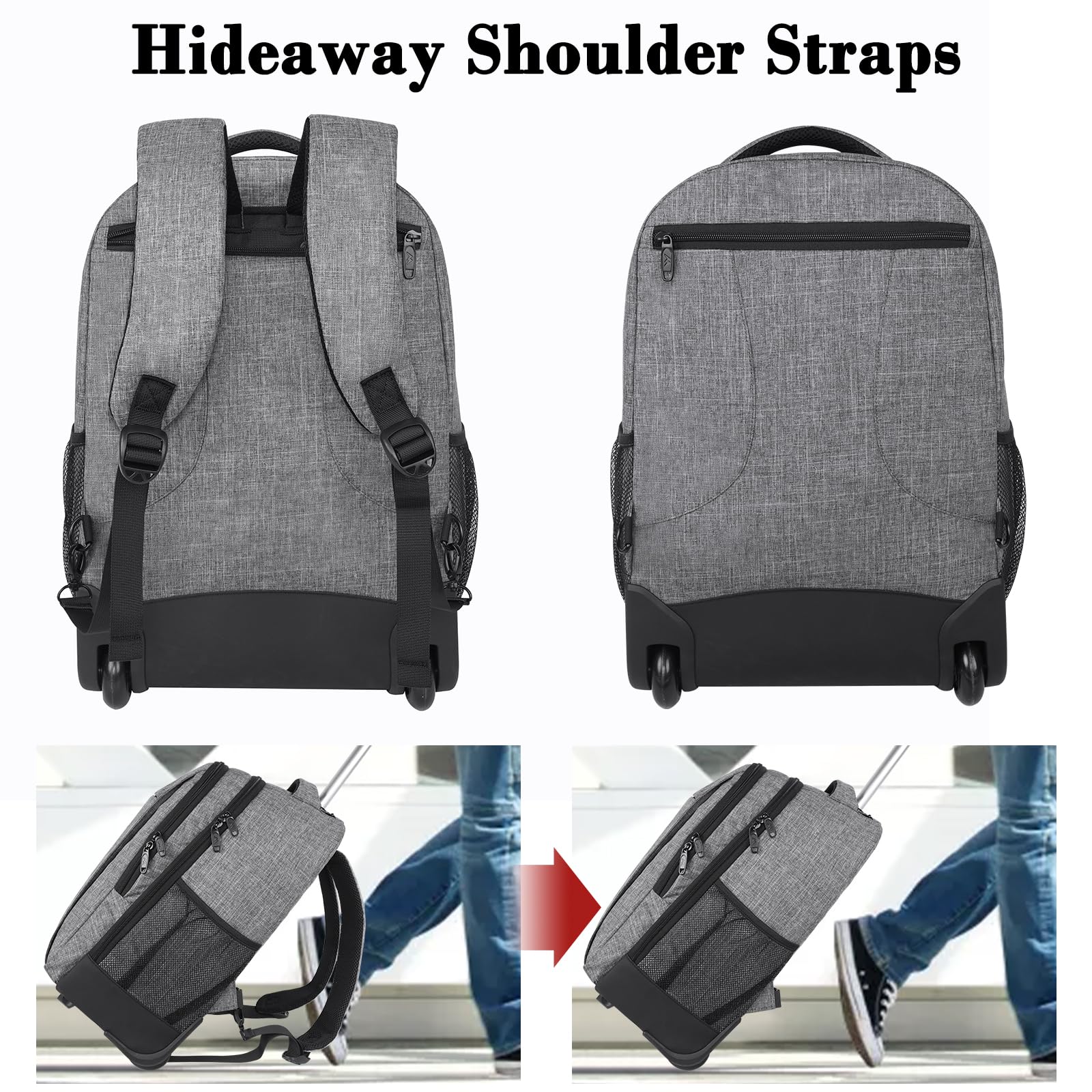 MATEIN Rolling Backpack, Water Resistant Travel Laptop Backpacks with Wheels, Large Roller College Bookbag School Computer Bag Business Luggage Carry on for Men Women Fits 17 Inch Notebook, Grey