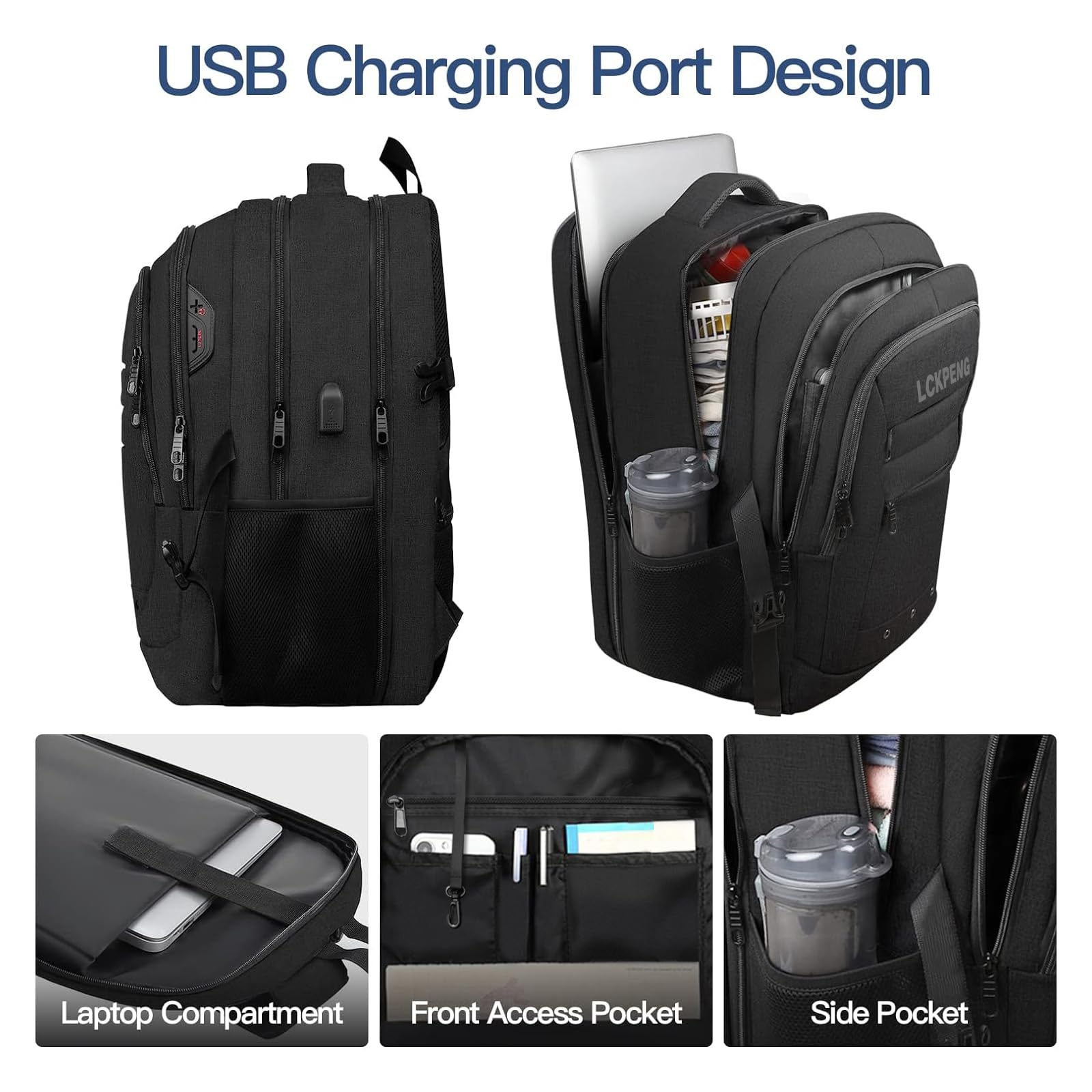 LCKPENG Backpack, Laptop Backpack, Travel Laptop Backpack, Backpack for Women Men, Extra Large TSA Approved Business College School 17.3 Inch Laptop Carry on Backpack with USB Charging Port , Grey