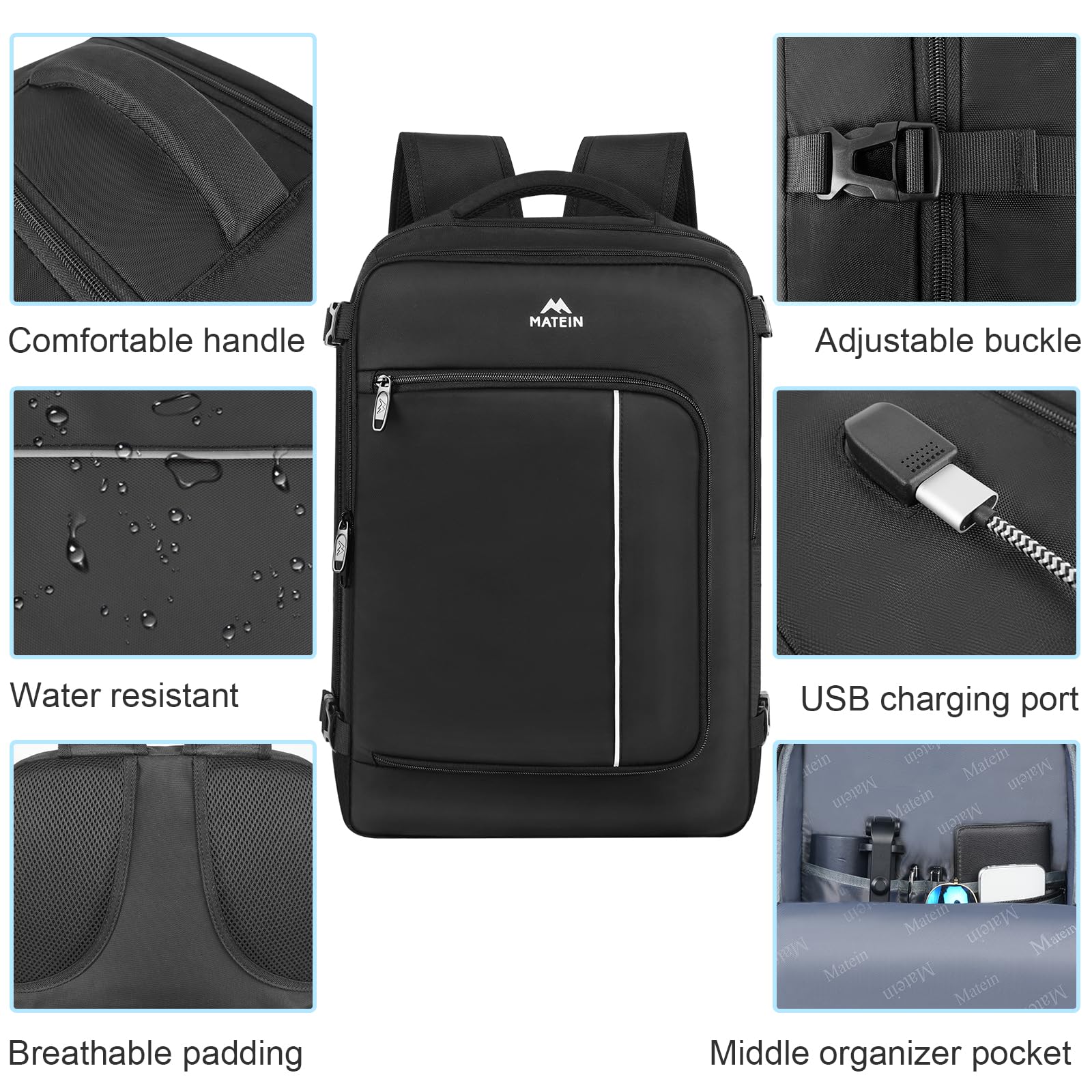 MATEIN Travel Backpack Airline Approved, Underseat Carry on Backpack for Men & Women, 40L Large Backpack with 17 inch Laptop Compartment & Shoe Bag for Airplane Flight Luggage Personal Item, Black