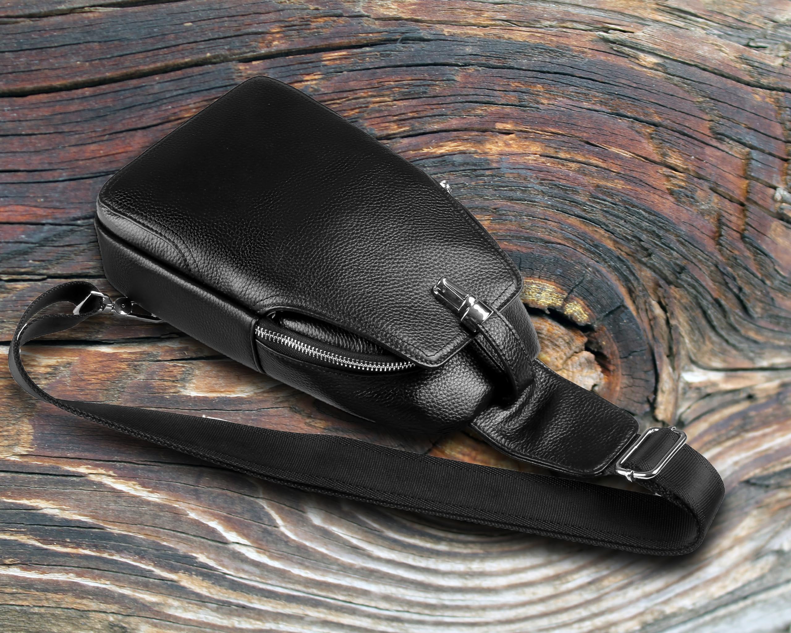 DK86 Leather Sling Backpack Chest Crossbody Shoulder Bag Travel Daypack for Men and Women - Black 1