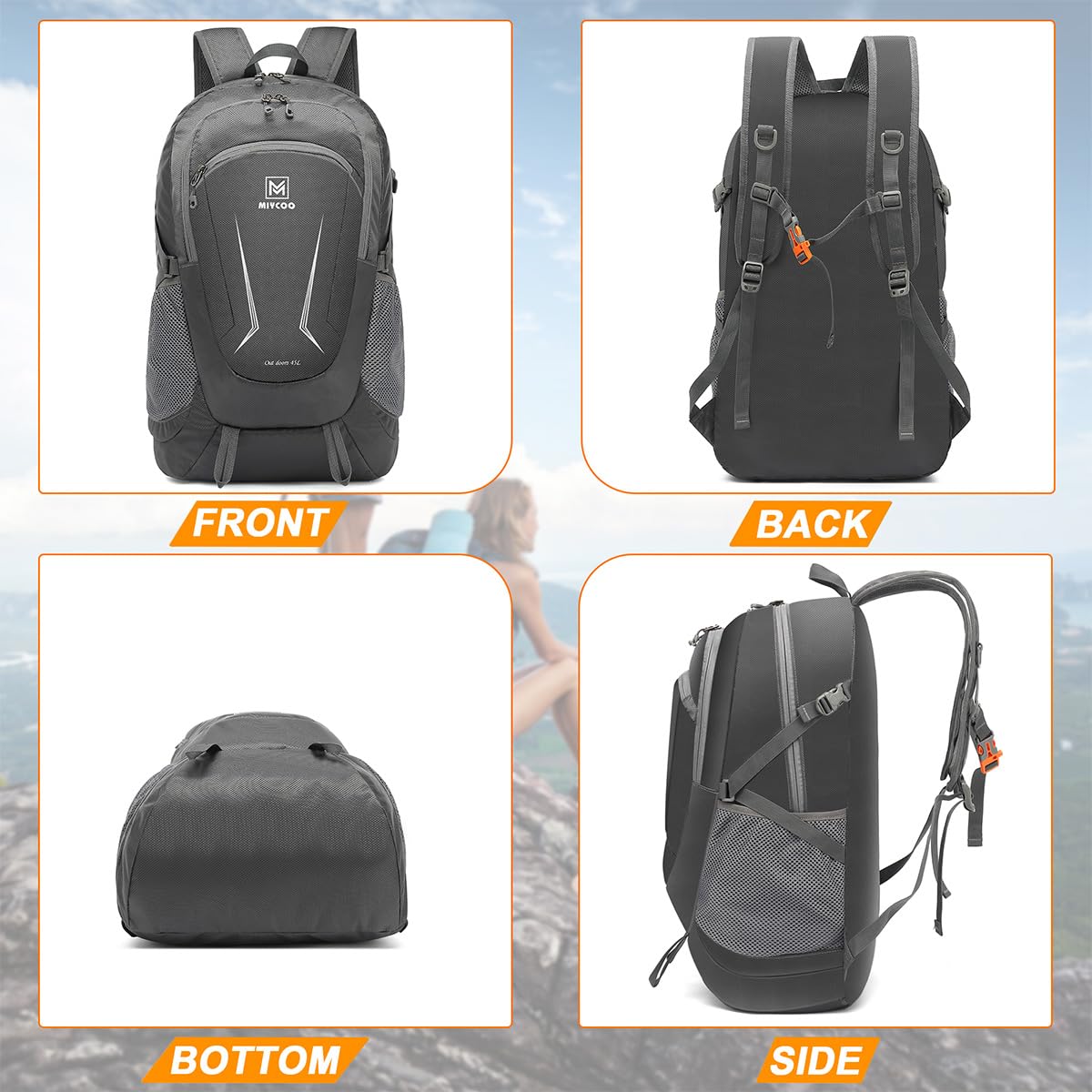 MIYCOO Lightweight Backpack for Men Women - Packable Hiking Travel Backpack - Foldable Outdoor Camping Waterproof Daypack Grey