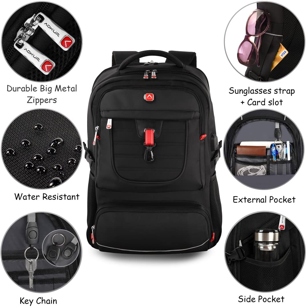 Travel Backpack Men 17.3 Inchs Laptop Backpack with USB Charging Port Business Airline Approved Backpack Water-resistant Hiking School Backpack for College Student Business Work Travel Men Women,Black