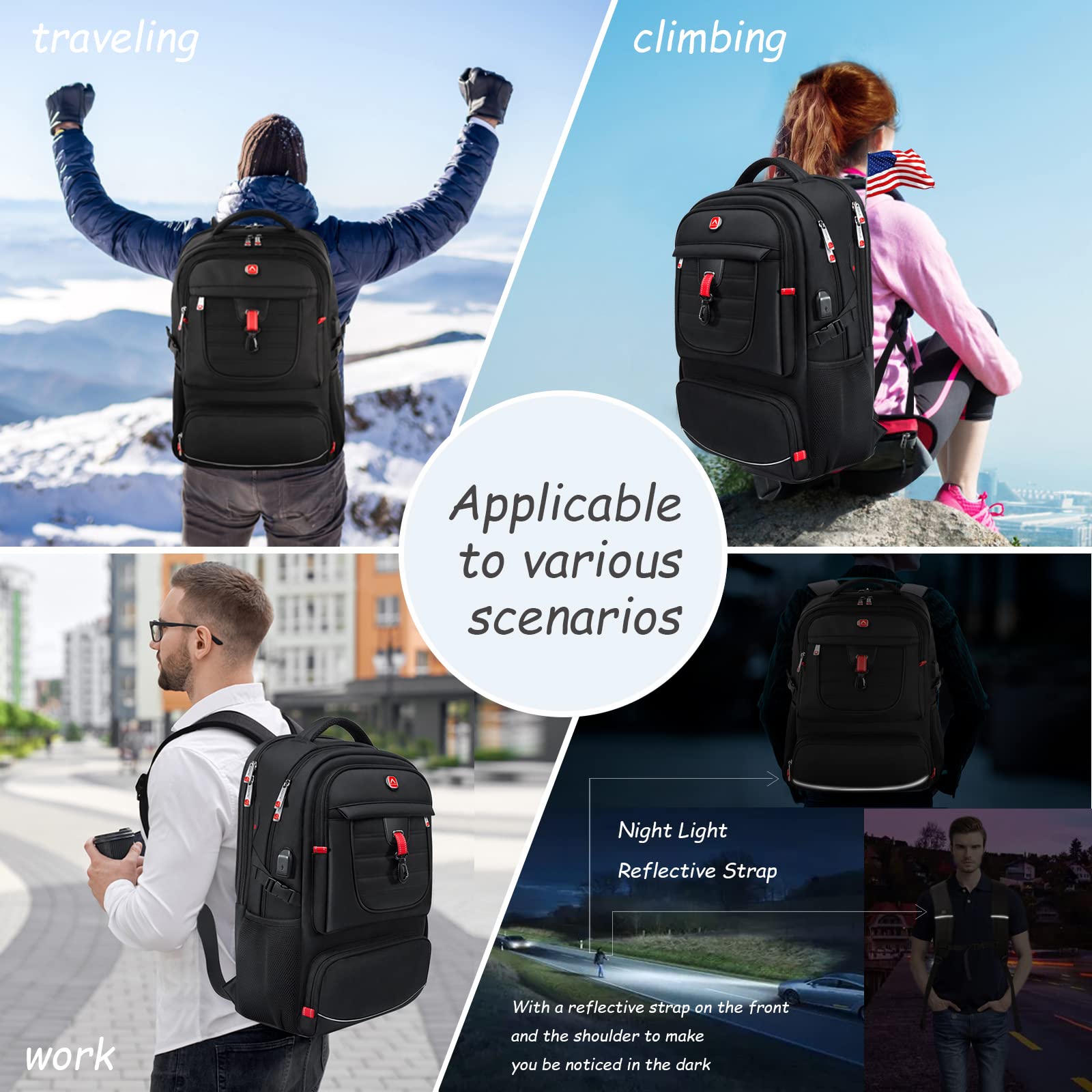 Travel Backpack Men 17.3 Inchs Laptop Backpack with USB Charging Port Business Airline Approved Backpack Water-resistant Hiking School Backpack for College Student Business Work Travel Men Women,Black