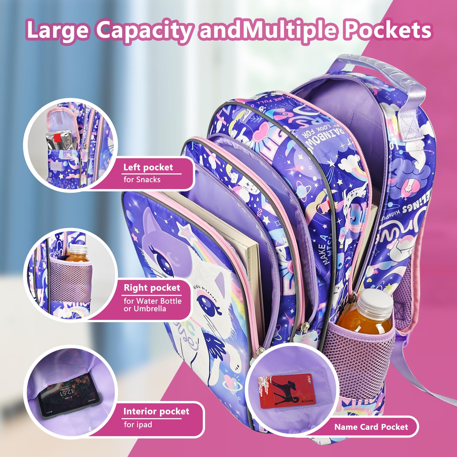 Girls Backpack 16 Inch Kids Backpacks for Girls Cute Cat Backpack for Girls Kawaii Light Purple Backpack for Preschool Elementary Kindergarten Large Capacity