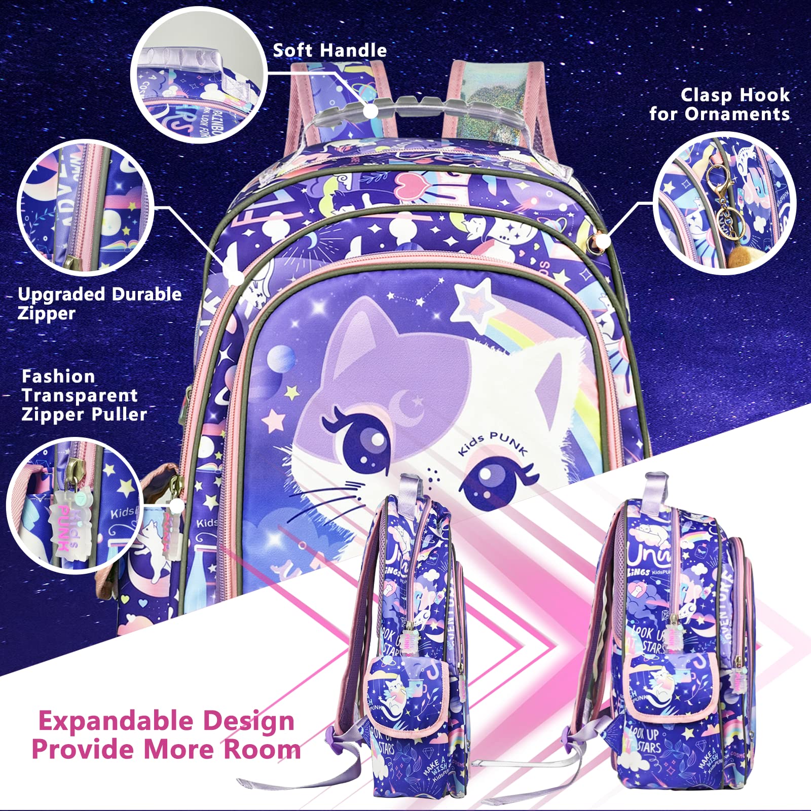 Girls Backpack 16 Inch Kids Backpacks for Girls Cute Cat Backpack for Girls Kawaii Light Purple Backpack for Preschool Elementary Kindergarten Large Capacity