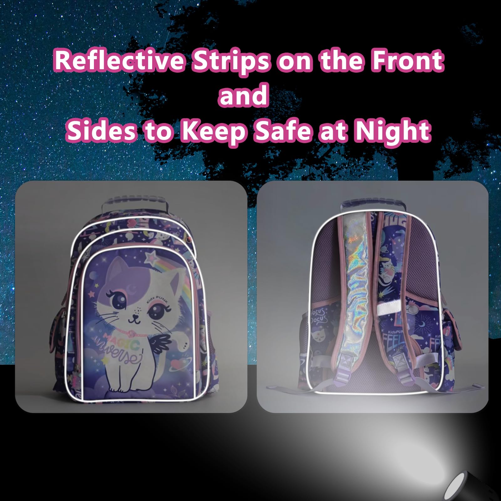 Girls Backpack 16 Inch Kids Backpacks for Girls Cute Cat Backpack for Girls Kawaii Light Purple Backpack for Preschool Elementary Kindergarten Large Capacity