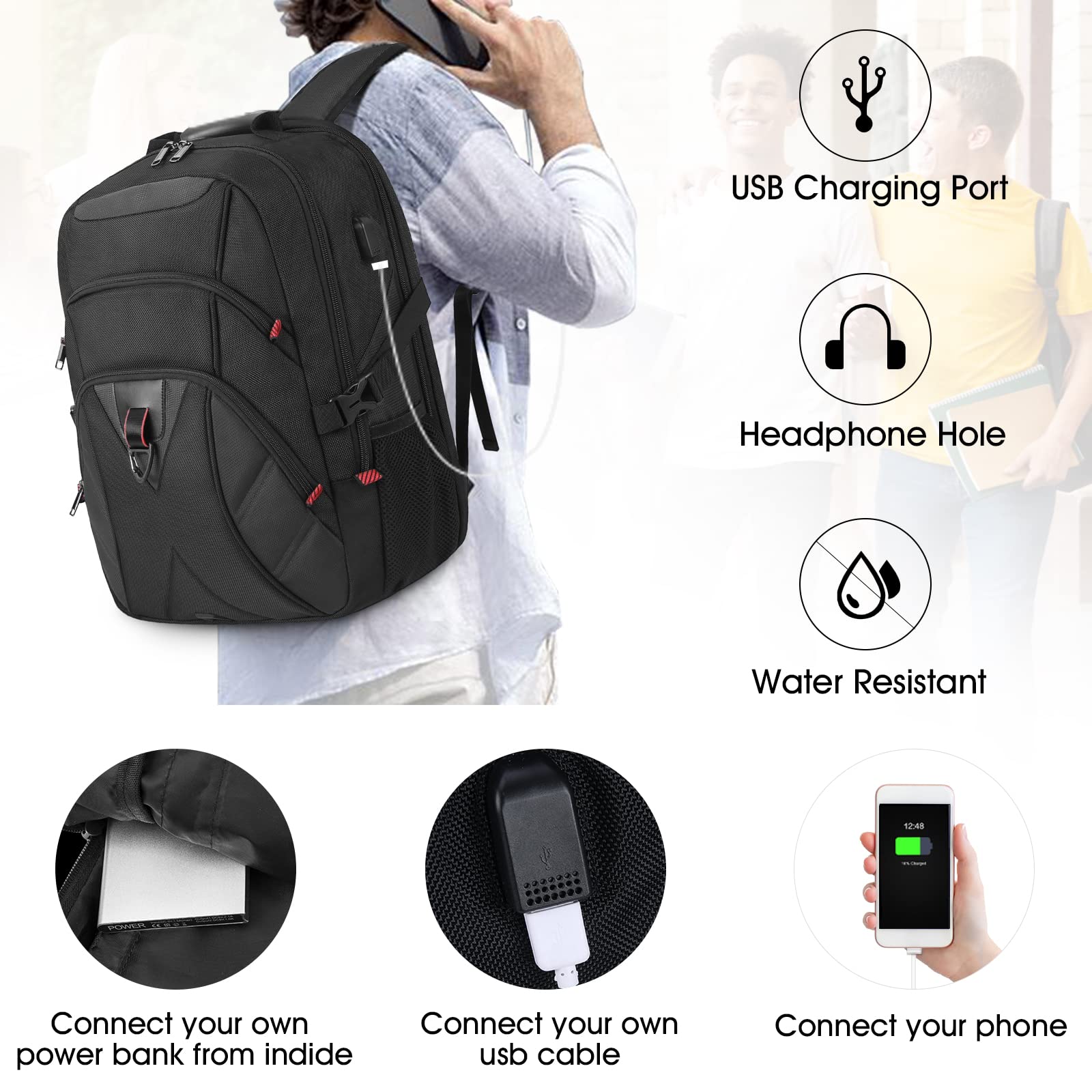 Laptop Backpack 17 Inch with Cable Organizers Large Travel Backpack for Men Women TSA Friendly Waterproof Backpack with USB Charging Port Work College Business Computer Bag for 17.3 Inch Laptop, Black