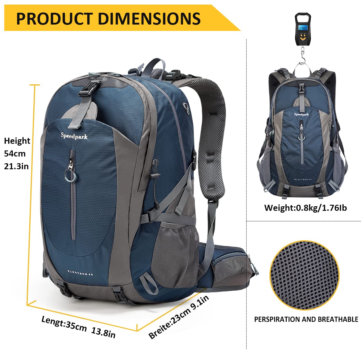 SPEEDPARK Hiking Backpack 40L Waterproof Lightweight Hiking Daypack with Rain Cover, Outdoor Trekking Travel Backpacks for Men Women