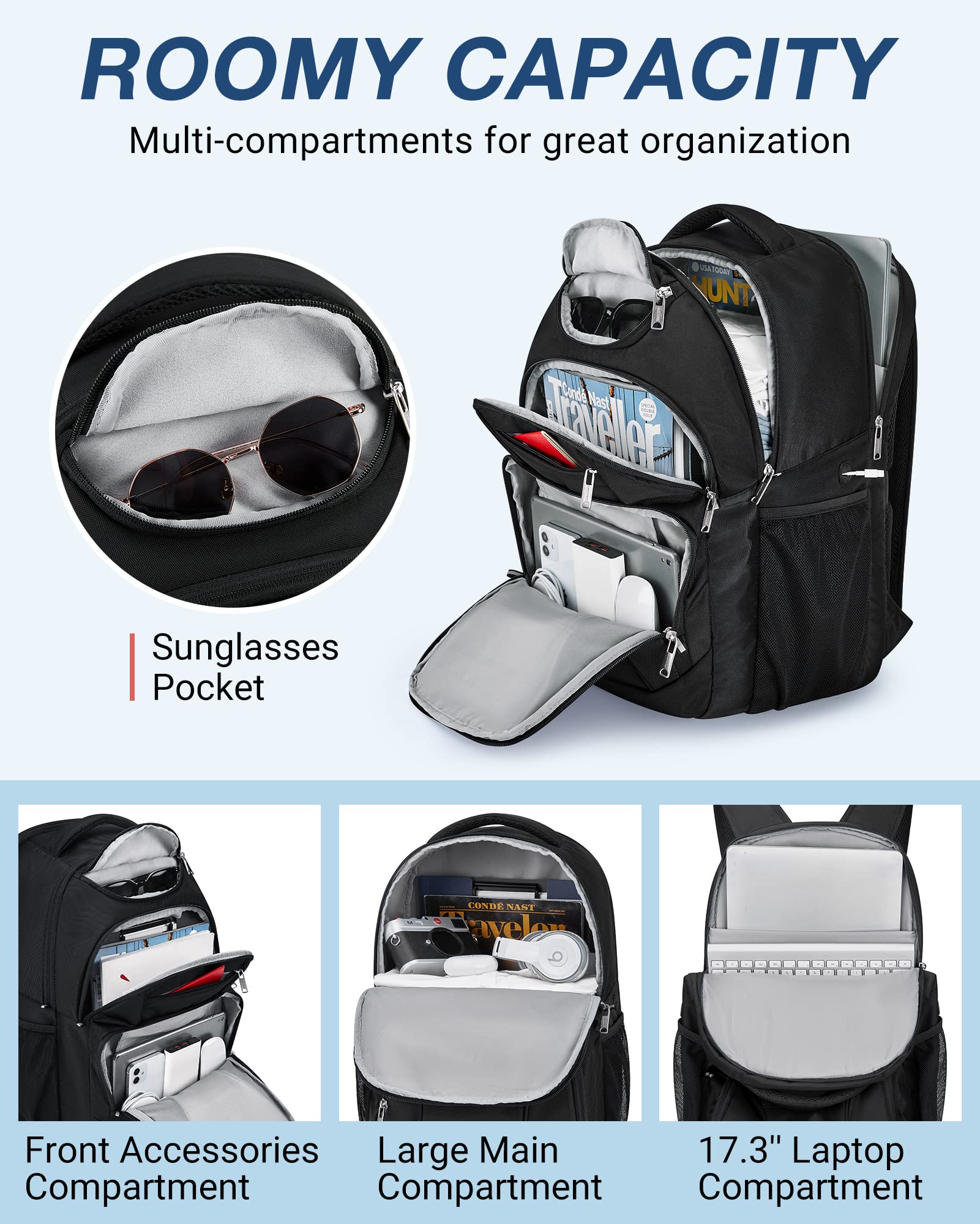 LIGHT FLIGHT Backpack for Men, Travel Backpack with USB Charging Hole, 17.3 Inch Laptop Backpack, School College Bookbag, Large Capacity Computer Backpacks, 40L Work Bag for Business, Black