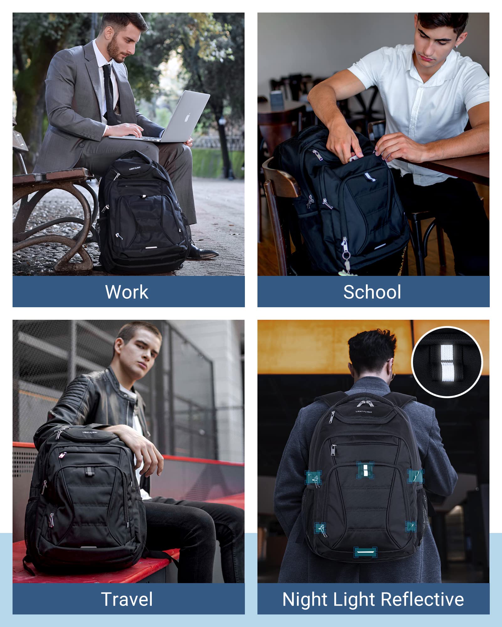 LIGHT FLIGHT Backpack for Men, Travel Backpack with USB Charging Hole, 17.3 Inch Laptop Backpack, School College Bookbag, Large Capacity Computer Backpacks, 40L Work Bag for Business, Black