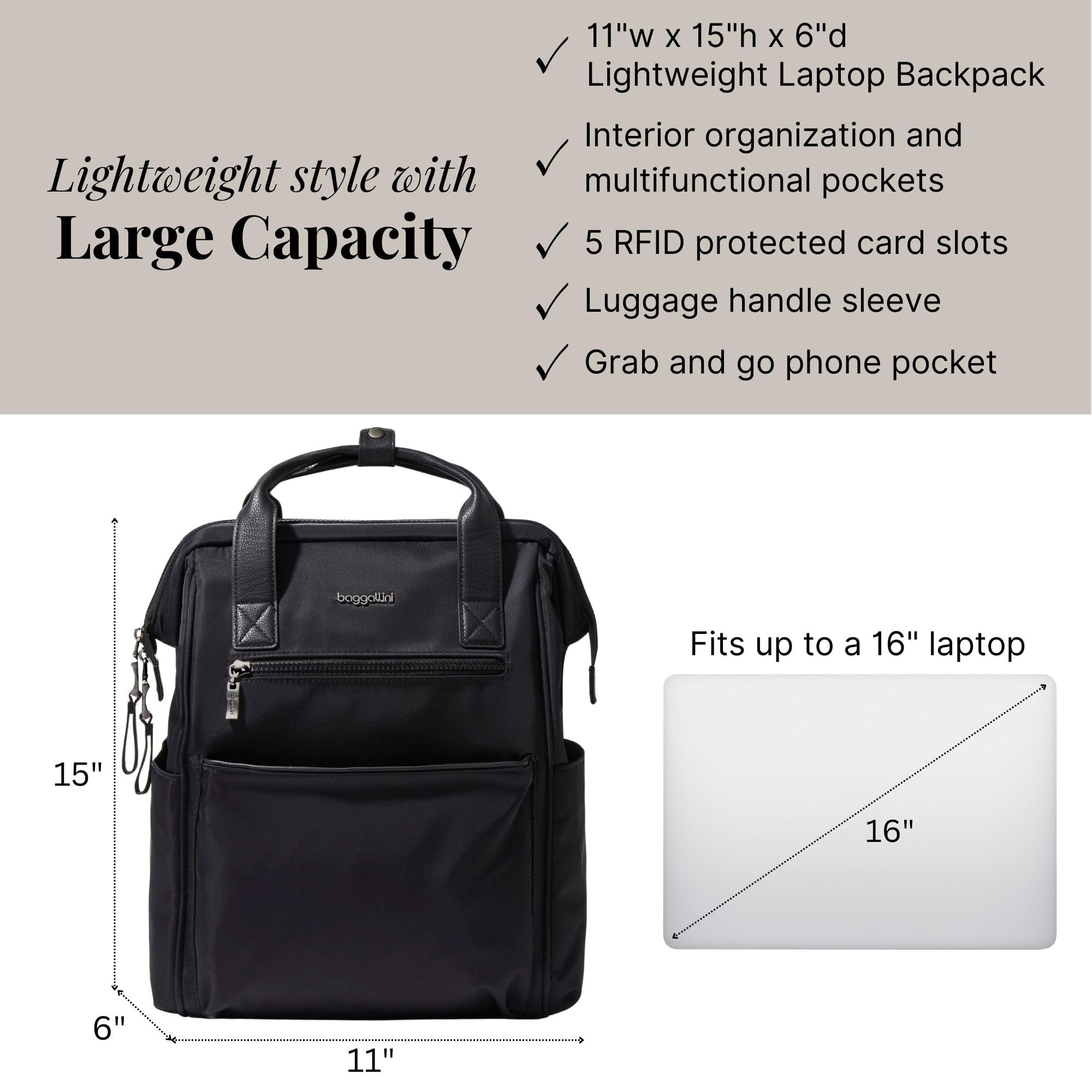 Baggallini womens Soho Backpack, Black, One Size US
