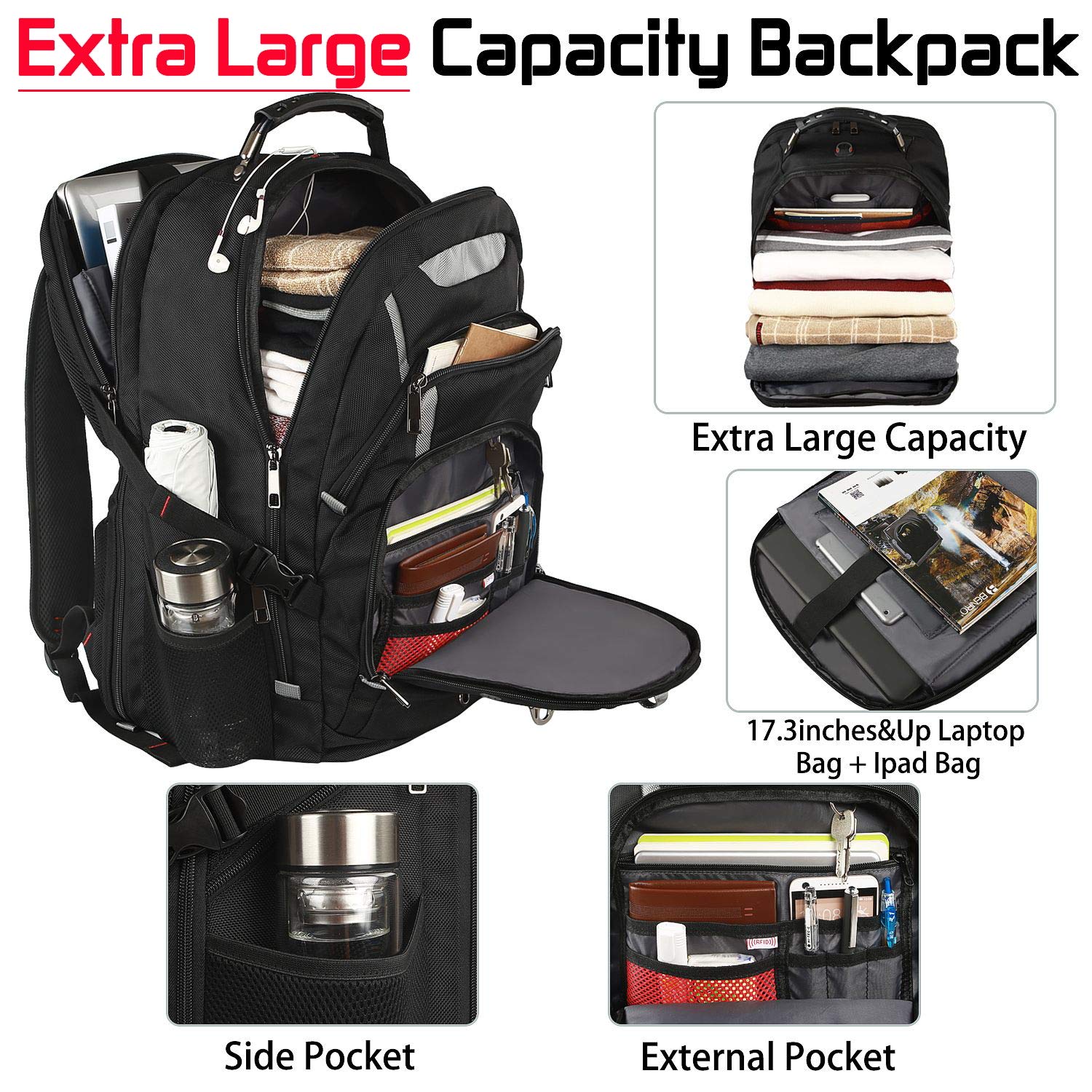 18.4 Laptop Backpack for Men, 55L Extra Large Gaming Laptops Backpack with USB Charger Port, TSA Friendly Flight Approved RFID Anti-theft Pocket, Water Resistant Suiltable for Travel Business Work