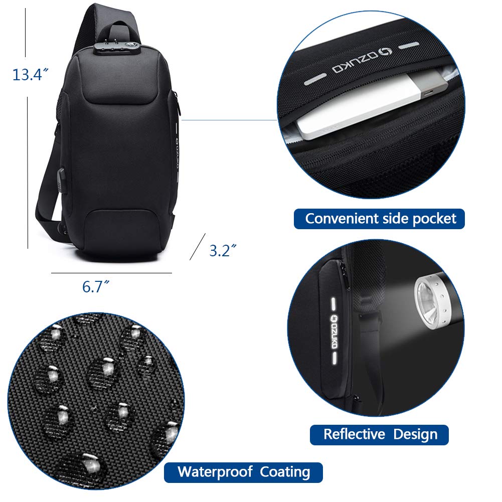 Sling Bag for Men Shoulder Crossbody Backpack Waterproof Sling Backpack with USB Charging Port Anti Theft Chest Pack Bag Casual Daypack Fit 9.7 Inch Ipad (Black)