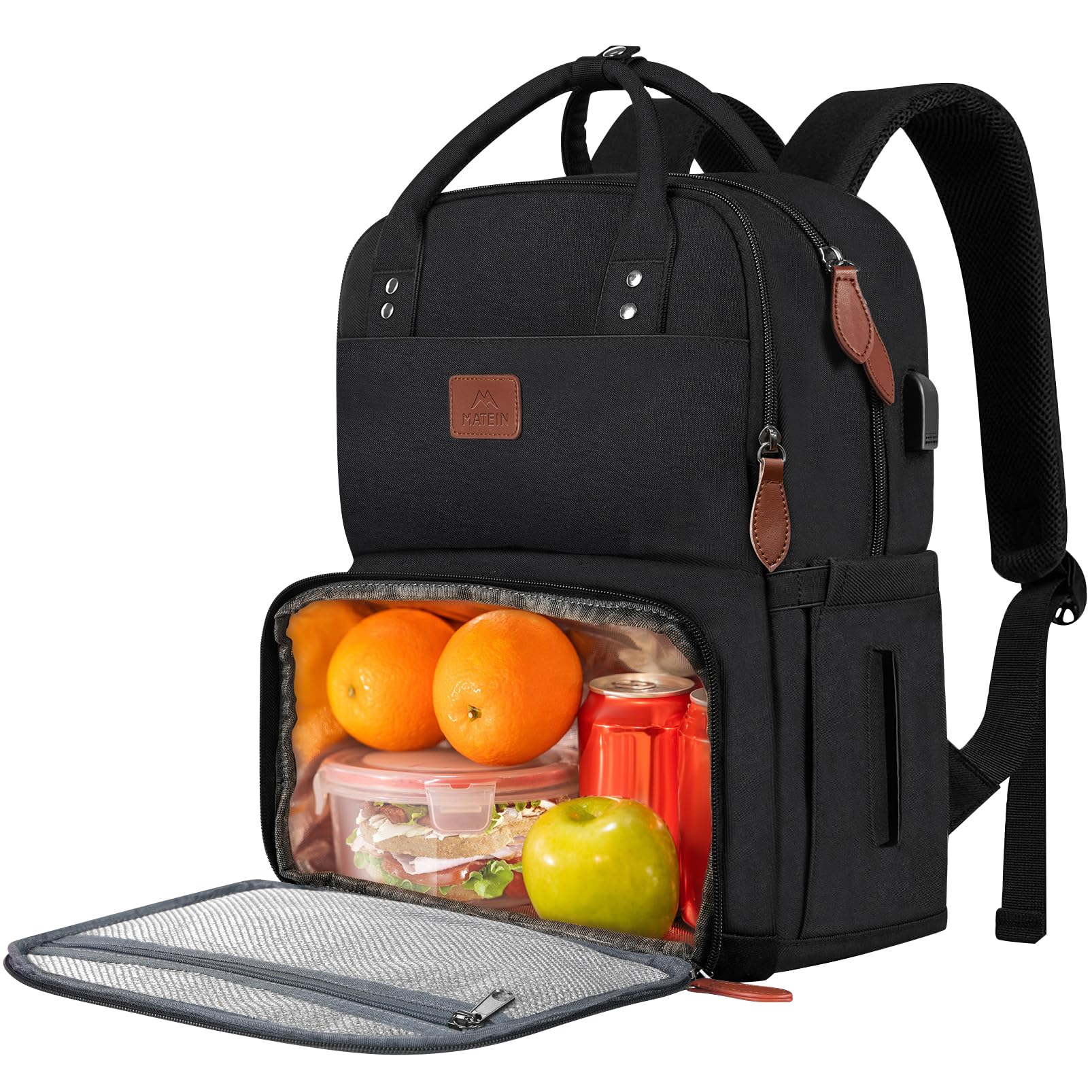 Lunch Backpack for Women, Insulated Cooler Backpacks with USB Port, 15.6 inch College School Laptop Bookbag Reusable Water Resistant Tote Food Bag for Work Beach Camping Picnics Hiking Womens Gift