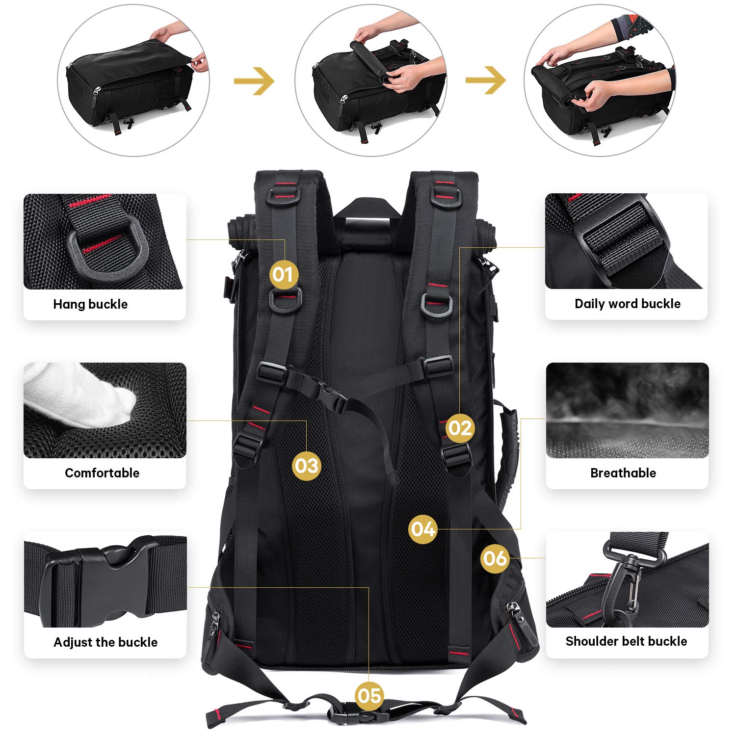 KAKA Travel Backpack, Carry On Backpack Durable Convertible Duffle Bag Fit for 17.3 Inch Laptop for Men and Women(Large 40L)