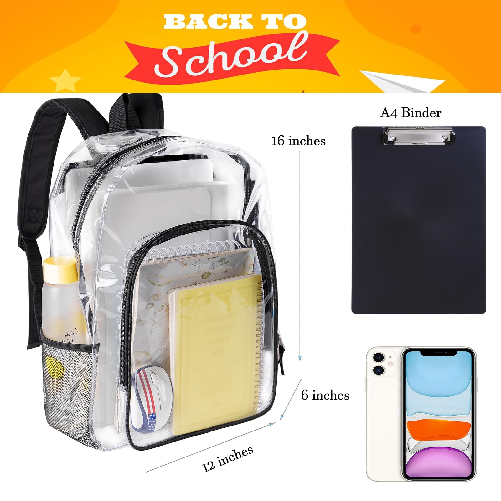 Fomaris Clear Backpack Heavy Duty Clear Bookbag Transparent Backpack See Through Plastic Bookbag for School, Work,Stadium,Travel,Security,Festival,College ( Black)