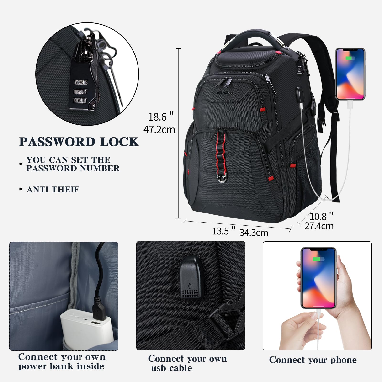 EMPSIGN Travel Laptop Backpack for Men & Women 17.3 Inch, Extra Large Backpack for Work, Water-Resistant School Computer Bag with USB Charging Port, TSA Friendly Anti Theft Business Backpack, Black