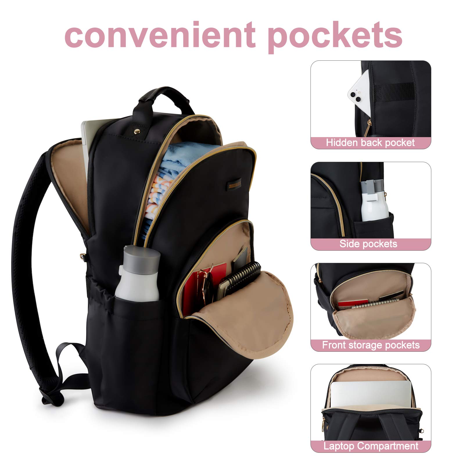 LIGHT FLIGHT Laptop Backpack, Travel Backpack for Women,Stylish Laptop Bag 15.6 Inch,Work Computer Bag with Charger Slot,Bookbag for Work School College Business Trip,Black,Nylon
