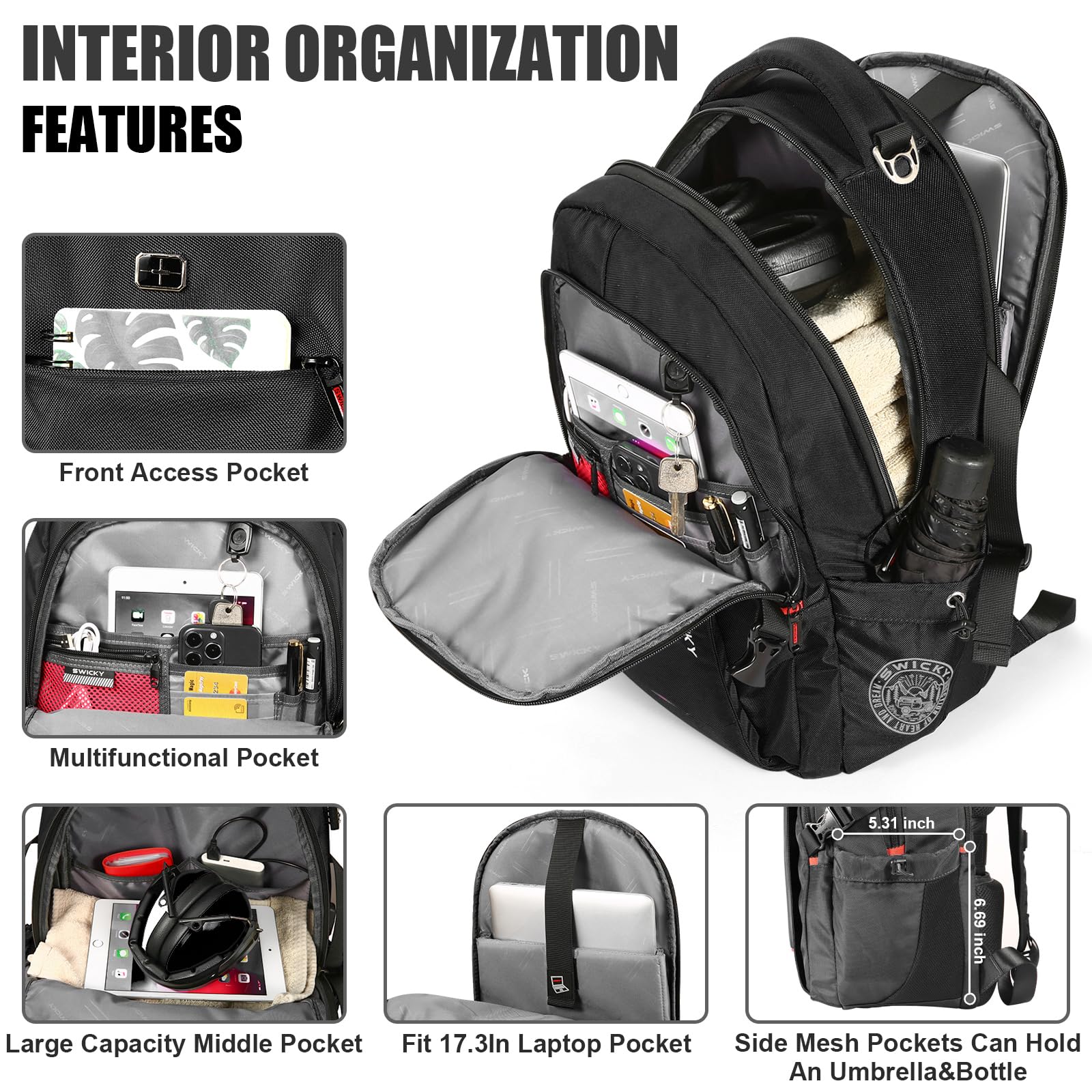 star cloud SC 17.3 Inch Business Laptop Backpack - Anti Theft Water Resistant Bookbag with USB Charging Port - Durable College School Daypack for Men Women, Black