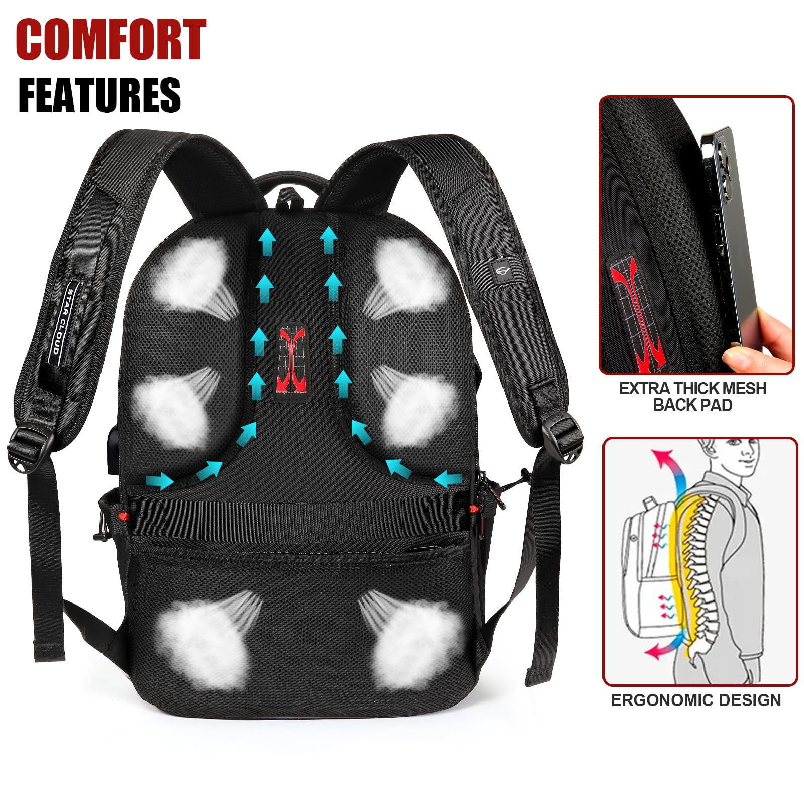 star cloud SC 17.3 Inch Business Laptop Backpack - Anti Theft Water Resistant Bookbag with USB Charging Port - Durable College School Daypack for Men Women, Black