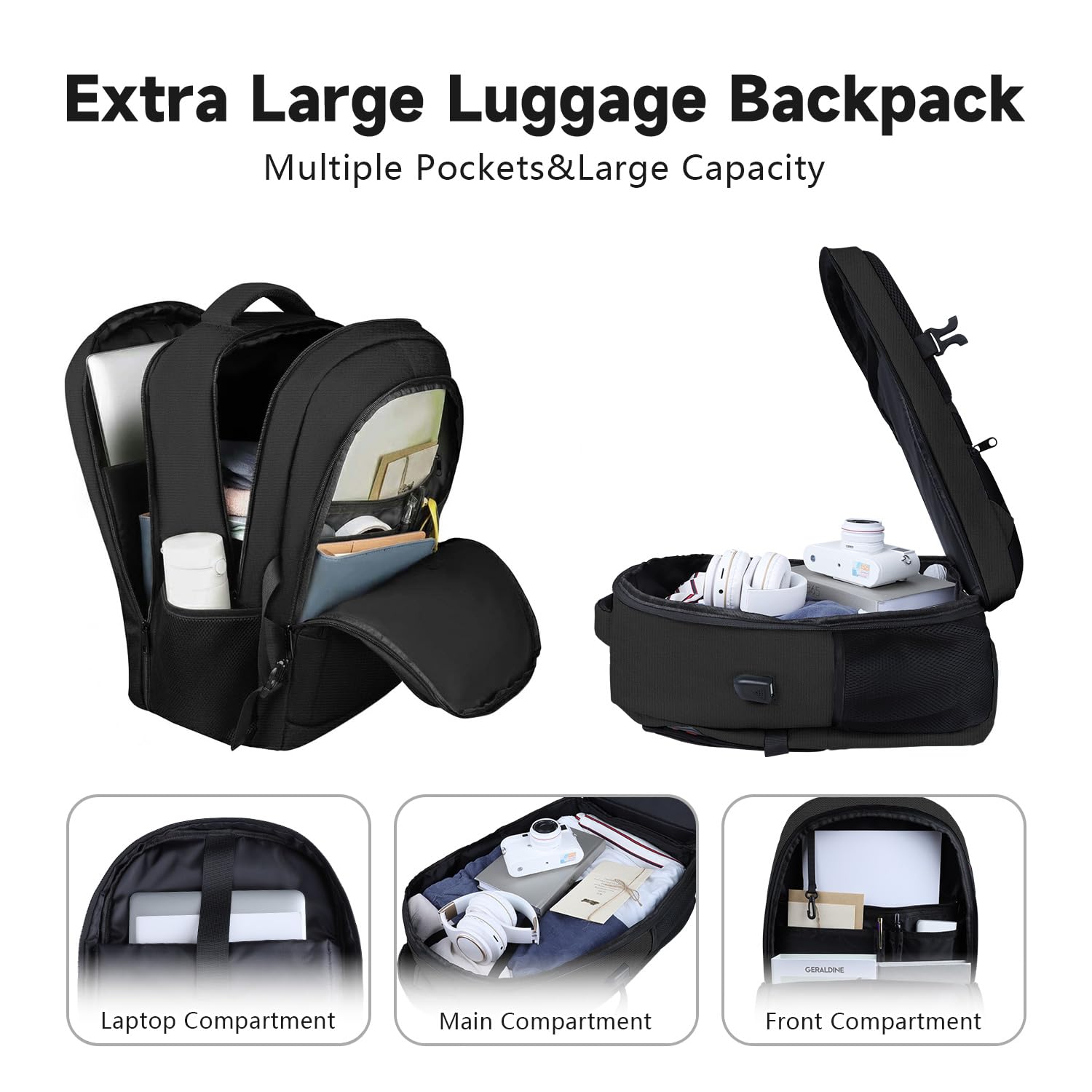 Lapsouno Backpack, Travel Backpack, Laptop Backpack, Durable Extra Large 17.3 Inch Water Resistant TSA Computer Backpack with USB, Anti Theft College School Bag Christmas Gifts for Men Women, Black