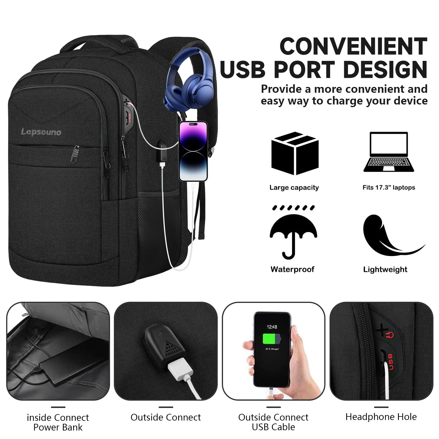 Lapsouno Backpack, Travel Backpack, Laptop Backpack, Durable Extra Large 17.3 Inch Water Resistant TSA Computer Backpack with USB, Anti Theft College School Bag Christmas Gifts for Men Women, Black