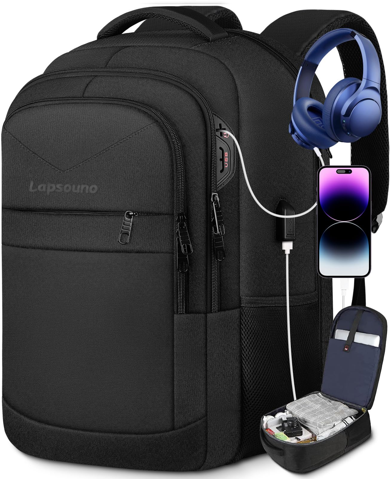 Lapsouno Backpack, Travel Backpack, Laptop Backpack, Durable Extra Large 17.3 Inch Water Resistant TSA Computer Backpack with USB, Anti Theft College School Bag Christmas Gifts for Men Women, Black