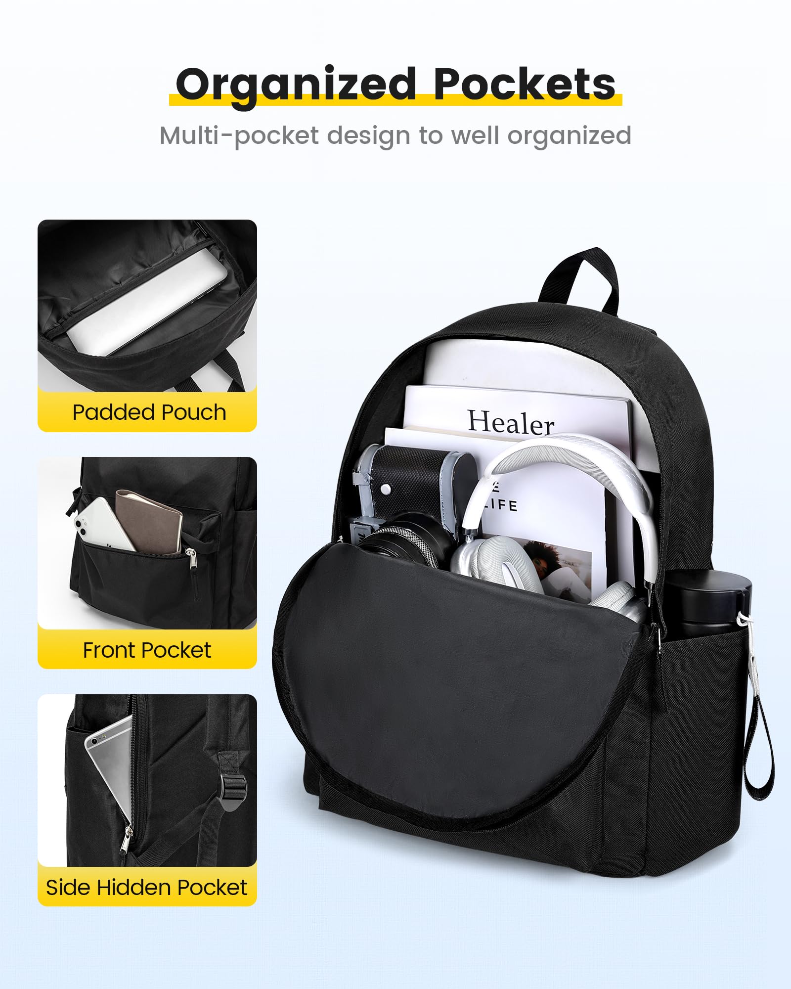 Vorspack Black Backpack College Backpack for Travel Work for Men and Women