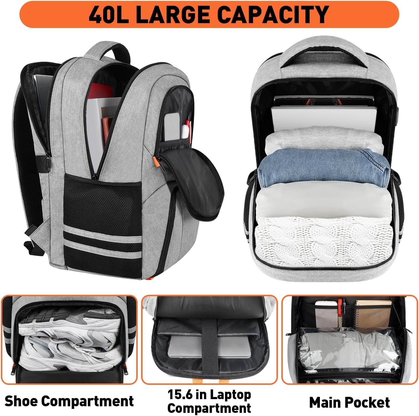 Ytonet Gym Backpack For Men Women, Travel Backpack With Shoe Compartment USB Charging Port, Water Resistant Medical Laptop Backpack Fit 15.6 Inch Notebook, Camping, Hiking, School, Grey