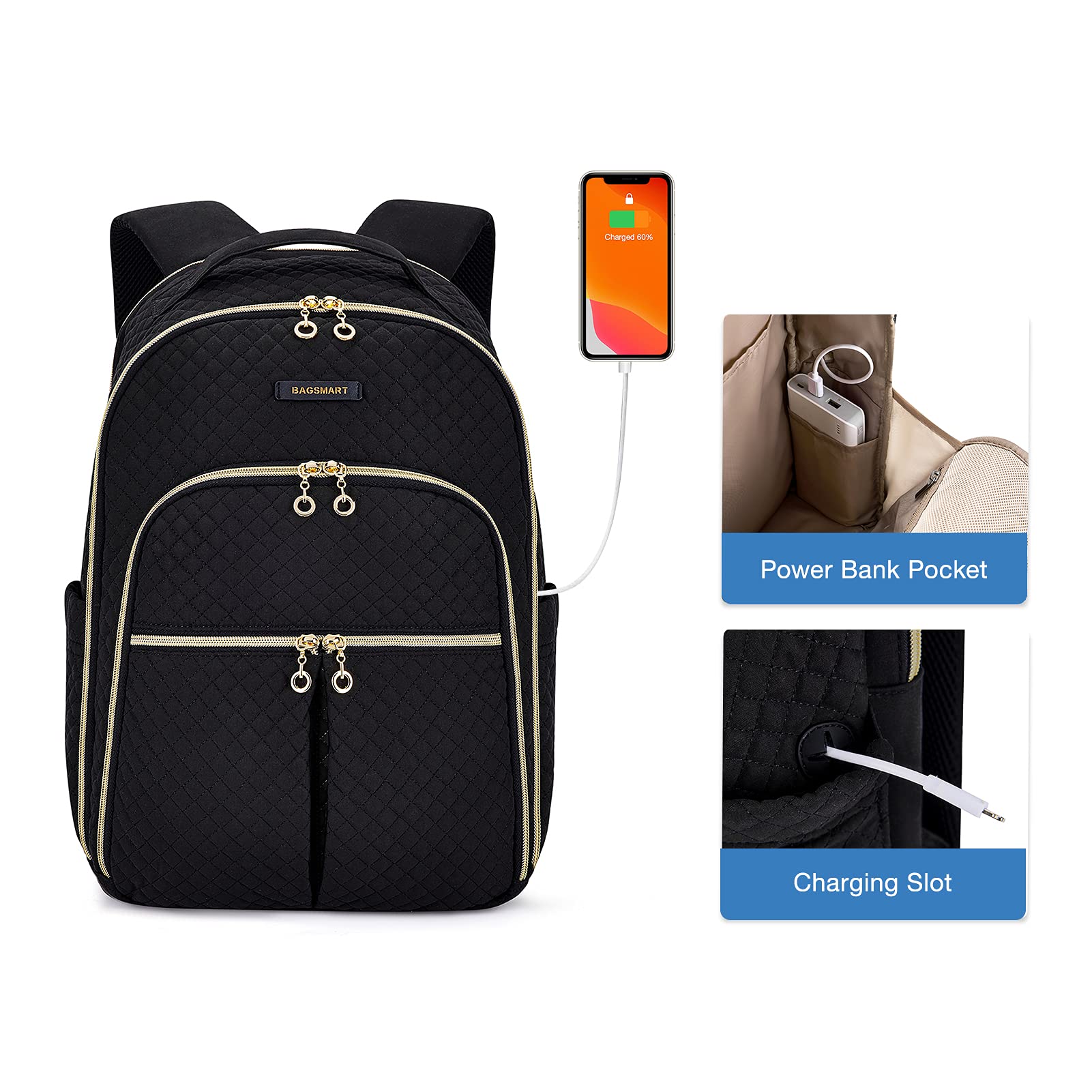 BASMART Travel Laptop Backpack, 15.6 Inch Womens Travel Backpack With USB Charging Hole, Water Resistant Anti Theft College School Backpacks, Large Black Computer Backpacks for Work, Black