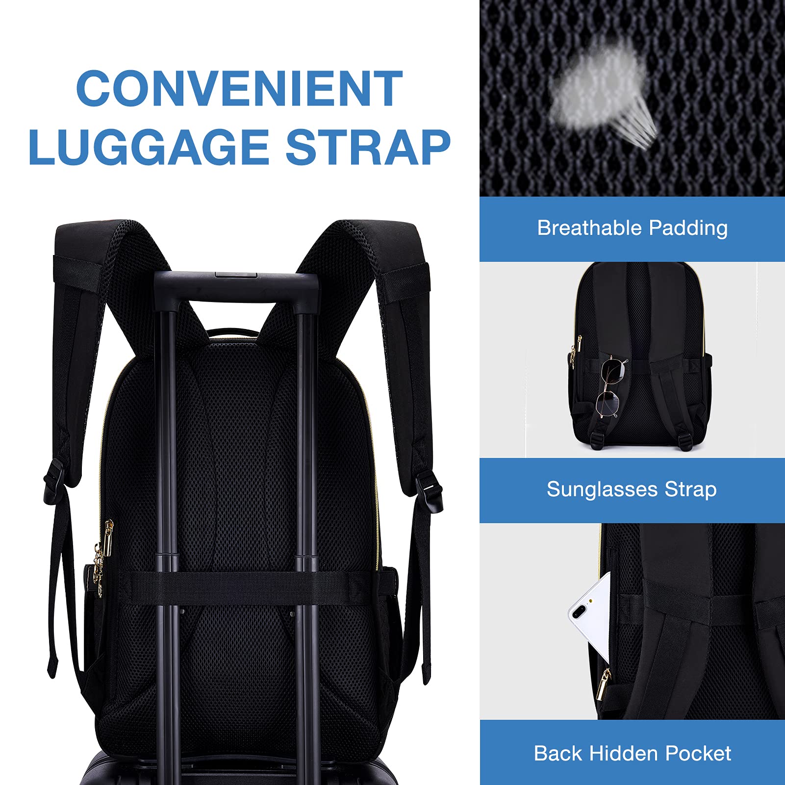BASMART Travel Laptop Backpack, 15.6 Inch Womens Travel Backpack With USB Charging Hole, Water Resistant Anti Theft College School Backpacks, Large Black Computer Backpacks for Work, Black