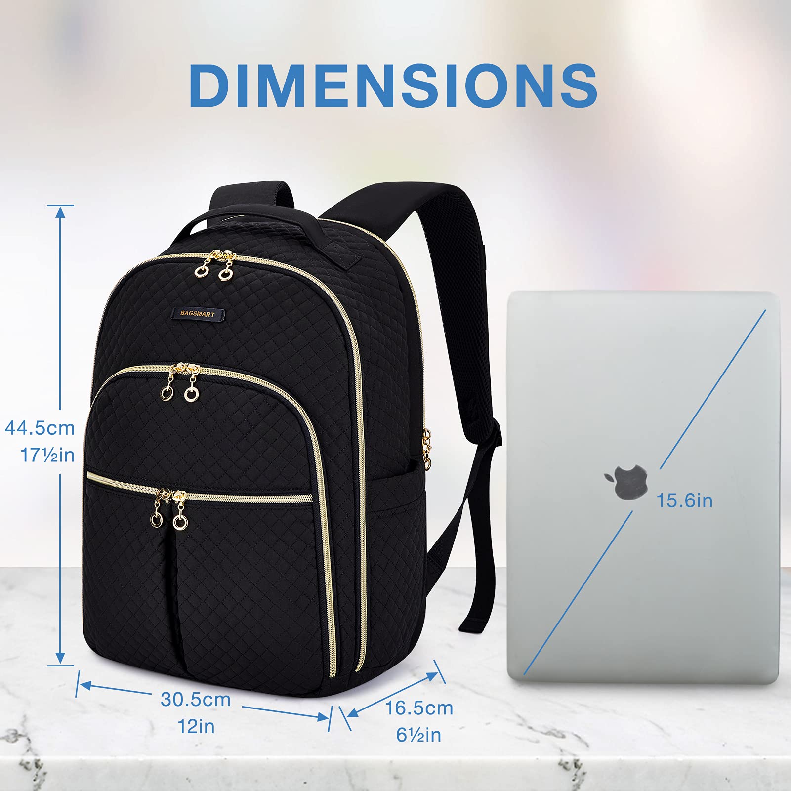 BASMART Travel Laptop Backpack, 15.6 Inch Womens Travel Backpack With USB Charging Hole, Water Resistant Anti Theft College School Backpacks, Large Black Computer Backpacks for Work, Black