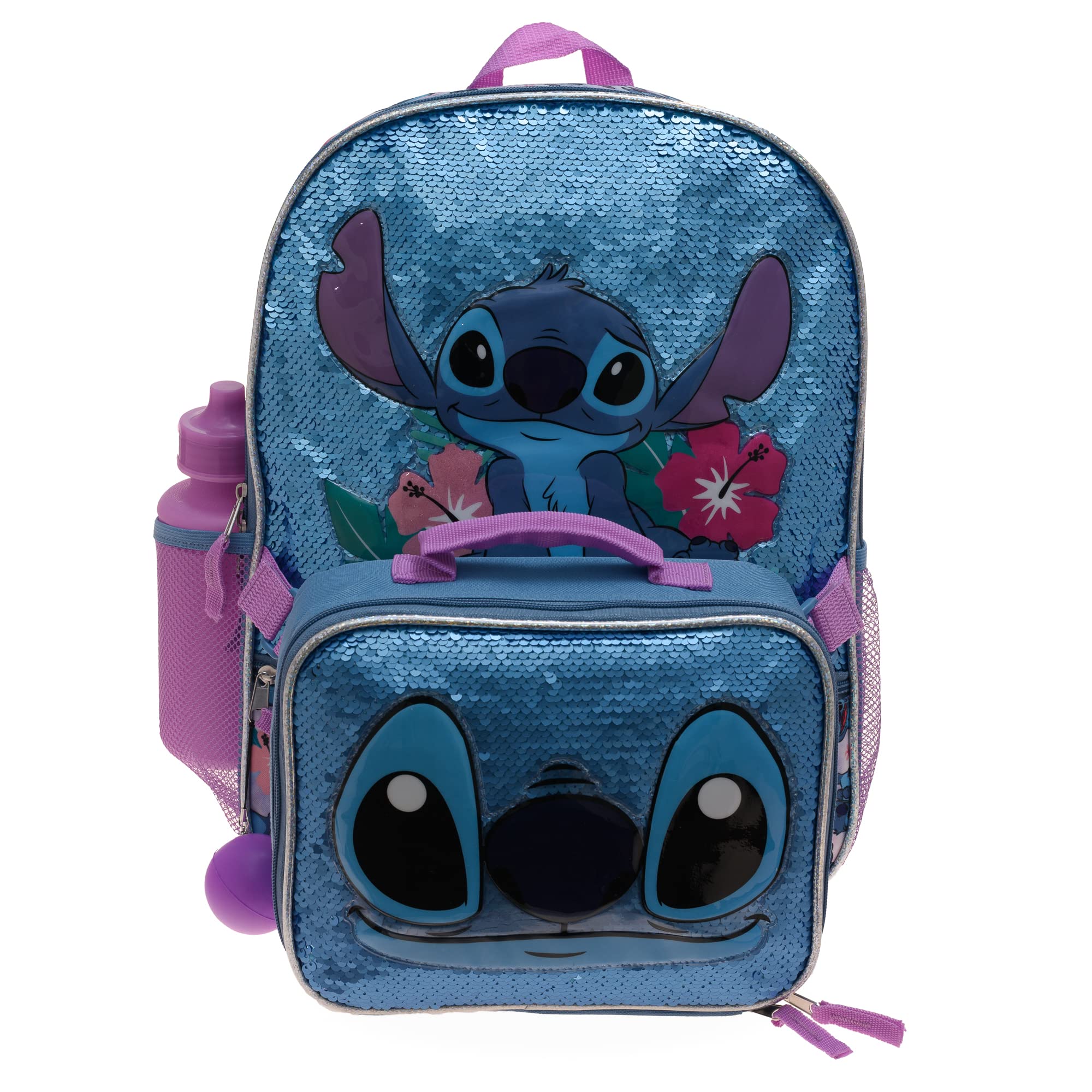 Disney Lilo & Stitch Girls 4 Piece Backpack Set, Blue Flip Sequin School Travel Bag with Front Zip Pocket, Mesh Side Pockets, Lunch Box, Water Bottle, and Squish Ball Dangle