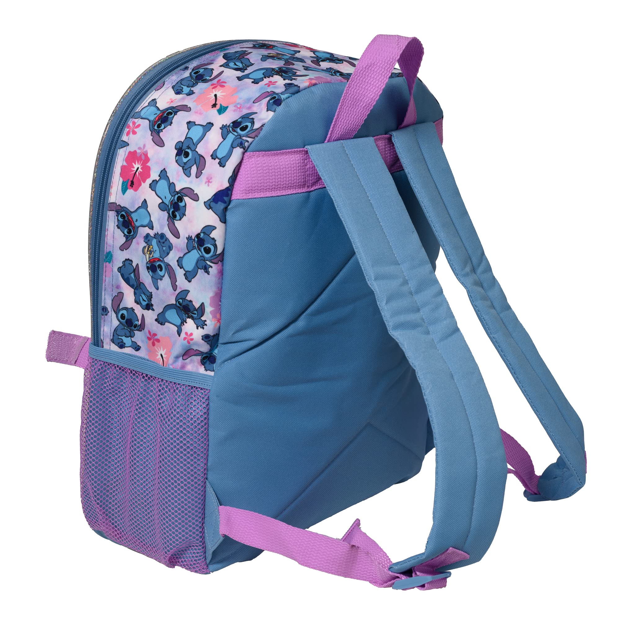 Disney Lilo & Stitch Girls 4 Piece Backpack Set, Blue Flip Sequin School Travel Bag with Front Zip Pocket, Mesh Side Pockets, Lunch Box, Water Bottle, and Squish Ball Dangle