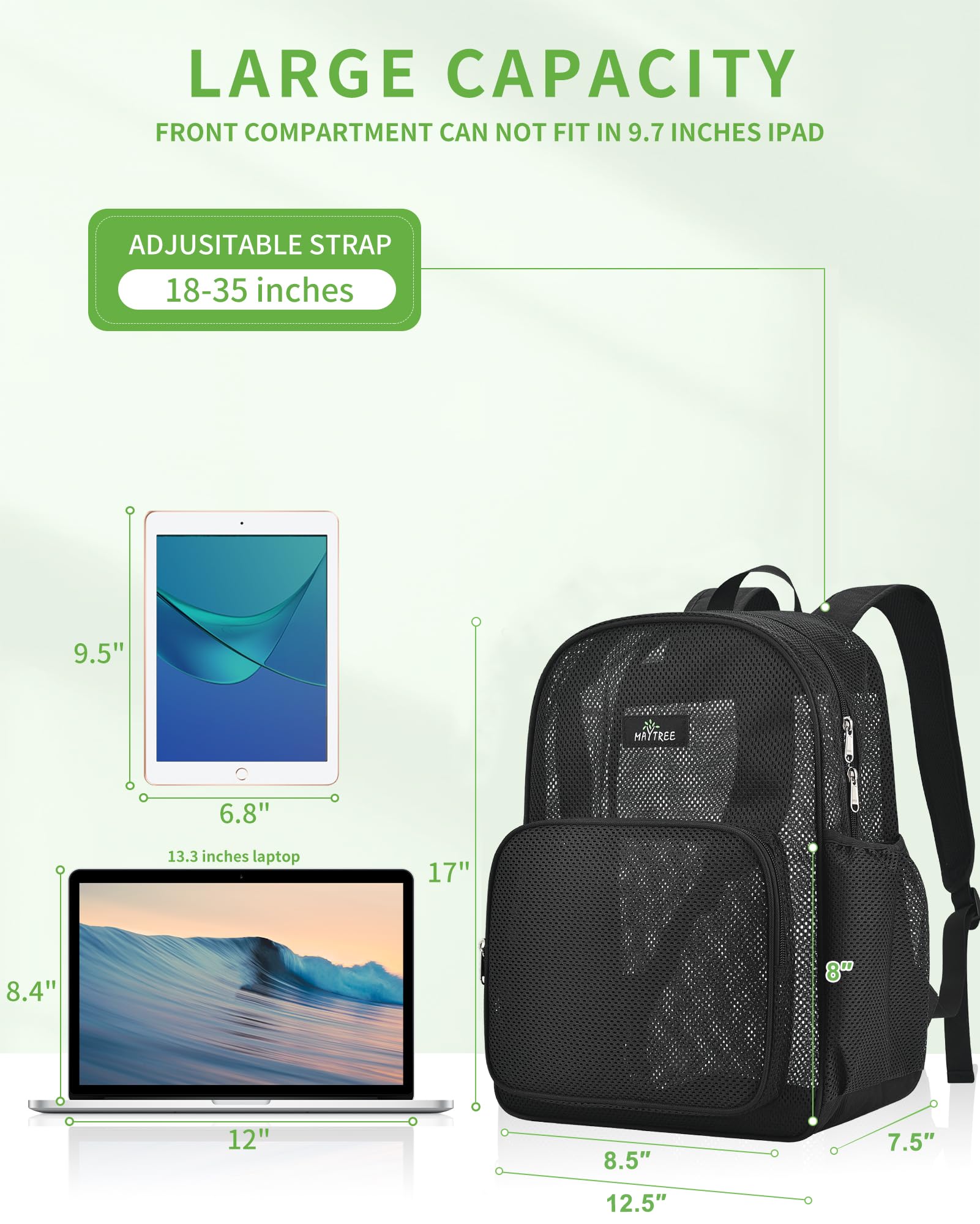 MAY TREE Heavy Duty Mesh Backpack, Semi-Transparent Mesh Backpack, See Through Mesh Backpack for Commuting, Swimming, Travel, Beach, Outdoor Sports (Black)