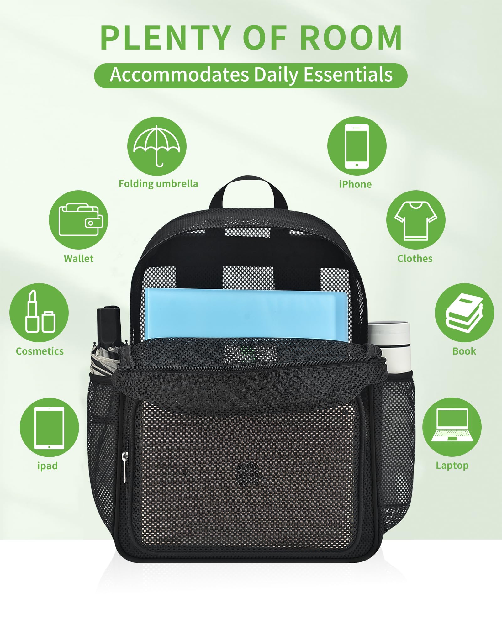MAY TREE Heavy Duty Mesh Backpack, Semi-Transparent Mesh Backpack, See Through Mesh Backpack for Commuting, Swimming, Travel, Beach, Outdoor Sports (Black)